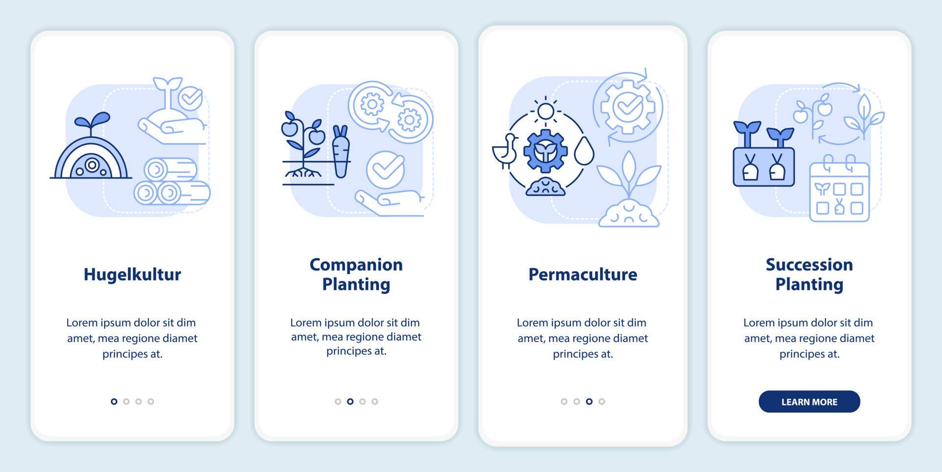 Methods Of Gardening Light Blue Onboarding Mobile App Screen Planting Walkthrough 4 Steps