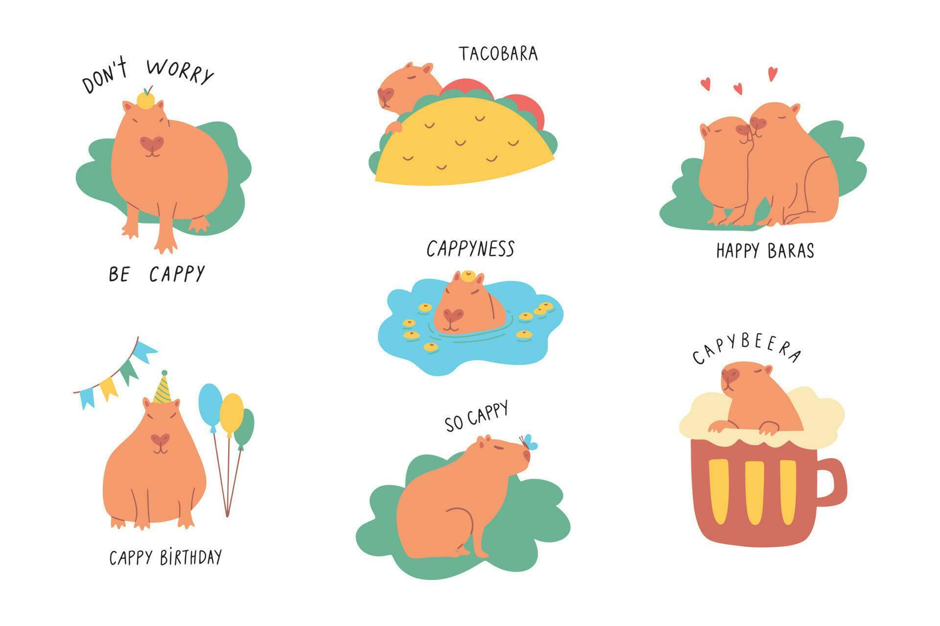 Hand drawn stickers with capybaras. Cute animals cartoon vector ...