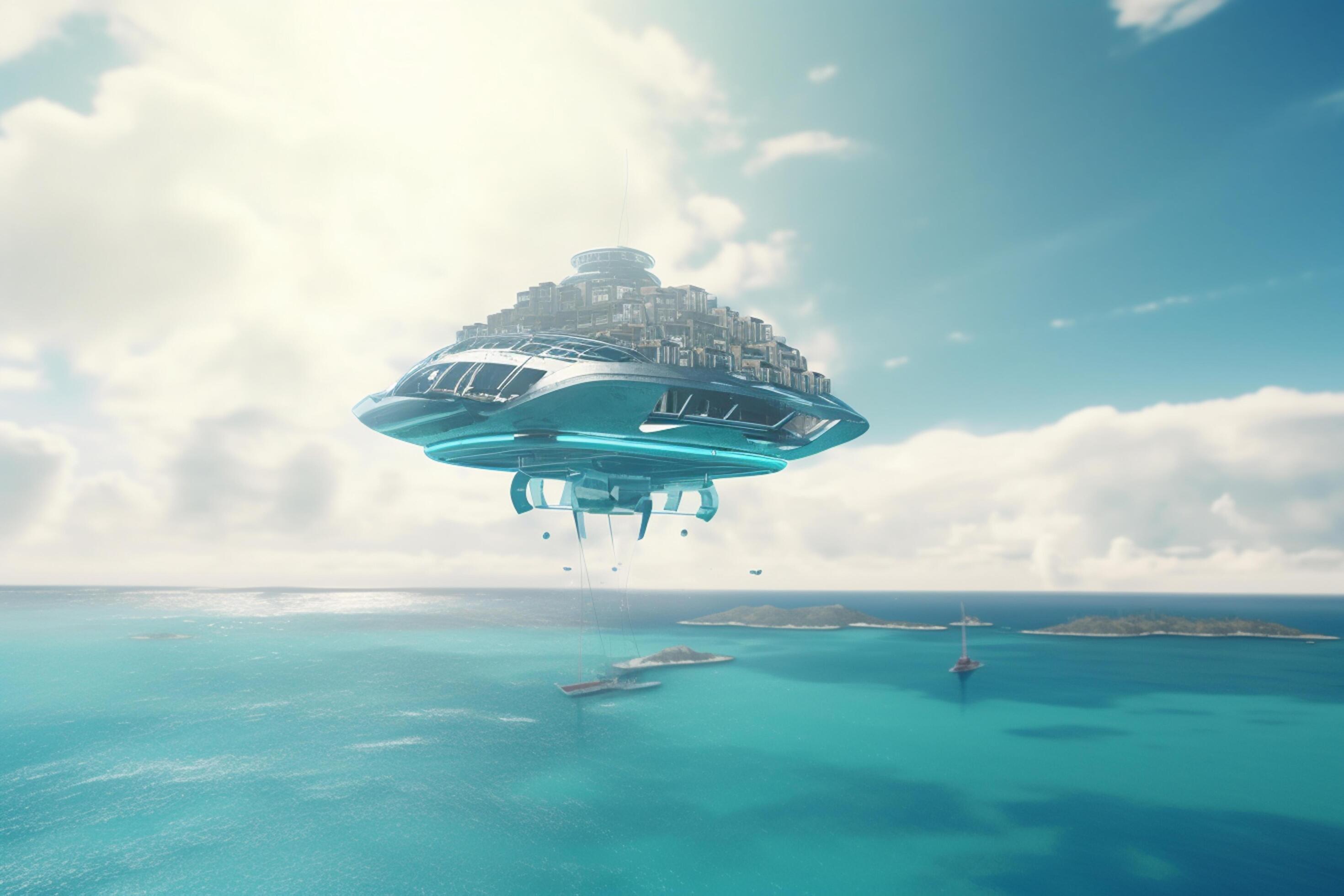 ciudad en el cielo alimentado por ai volador ciudades y naves espaciales terminado el azur mar ...