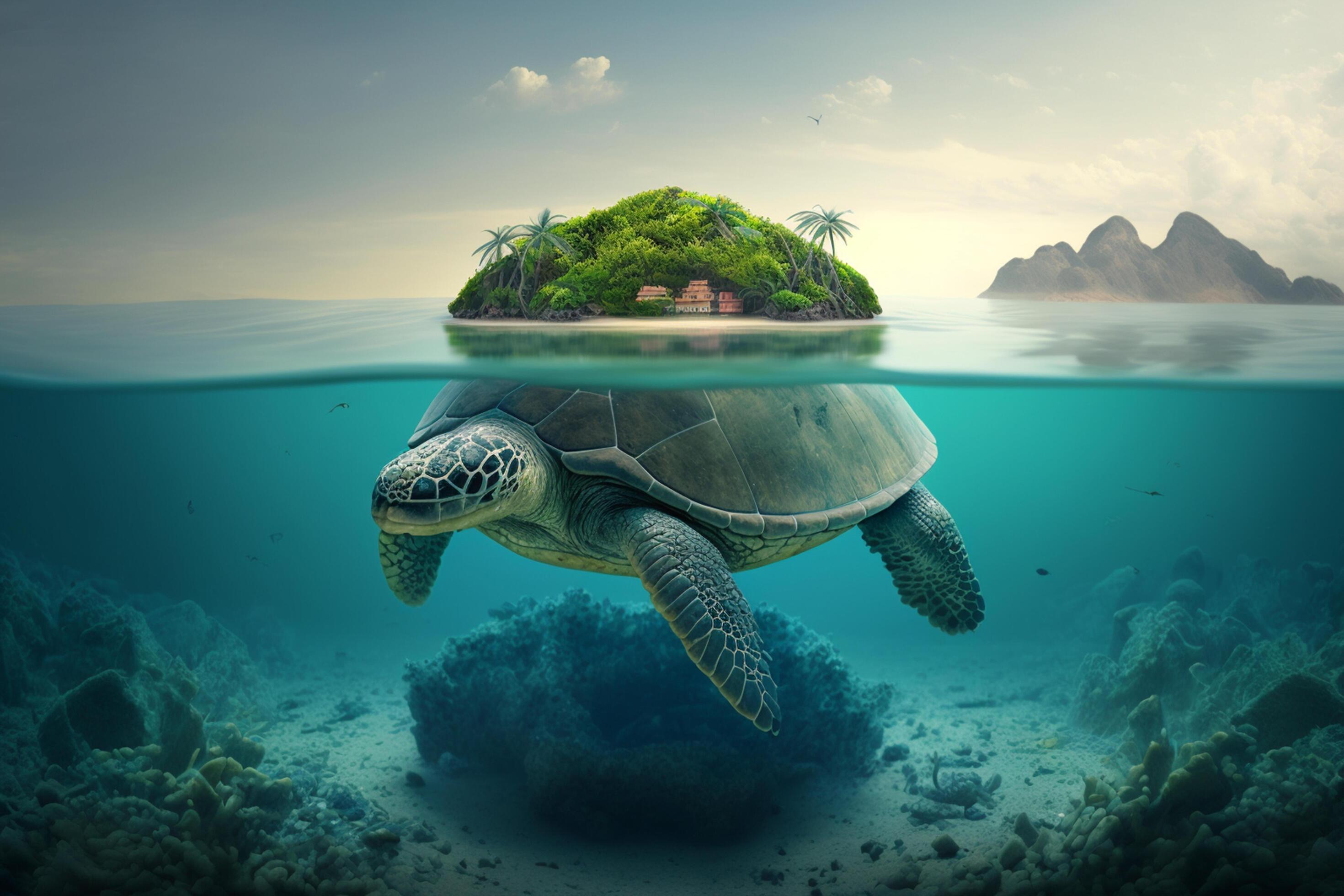 The Majestic Sea Turtle A Giant Island-Covered Shell Surfing the Ocean ...