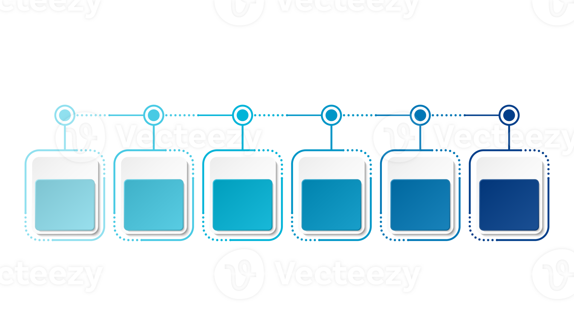 Horizontal timeline or flowchart with six square elements and space for ...