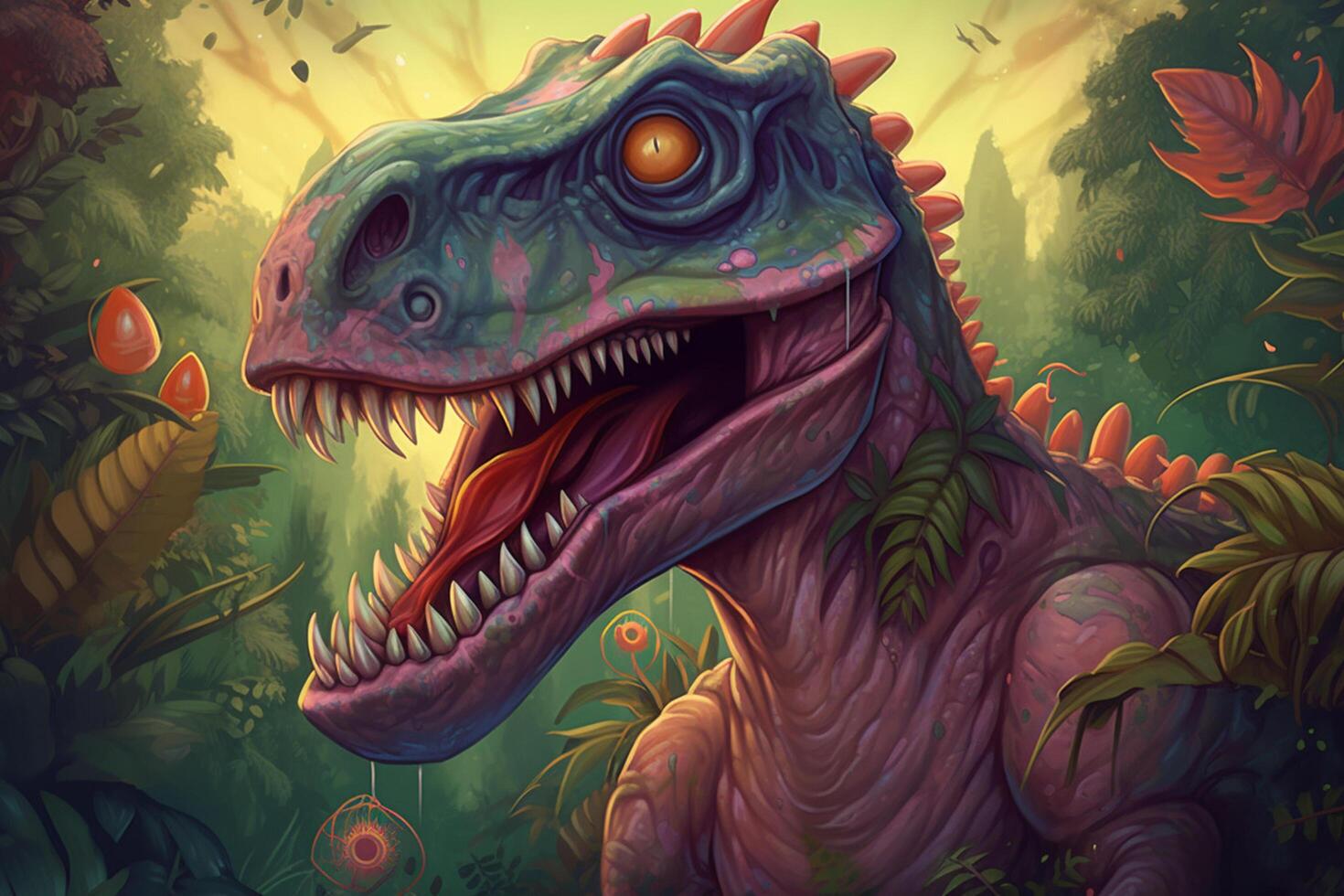 Playful And Vibrant Digital Art Hilarious Allosaurus Dinosaur Comic Illustration Ai Generated