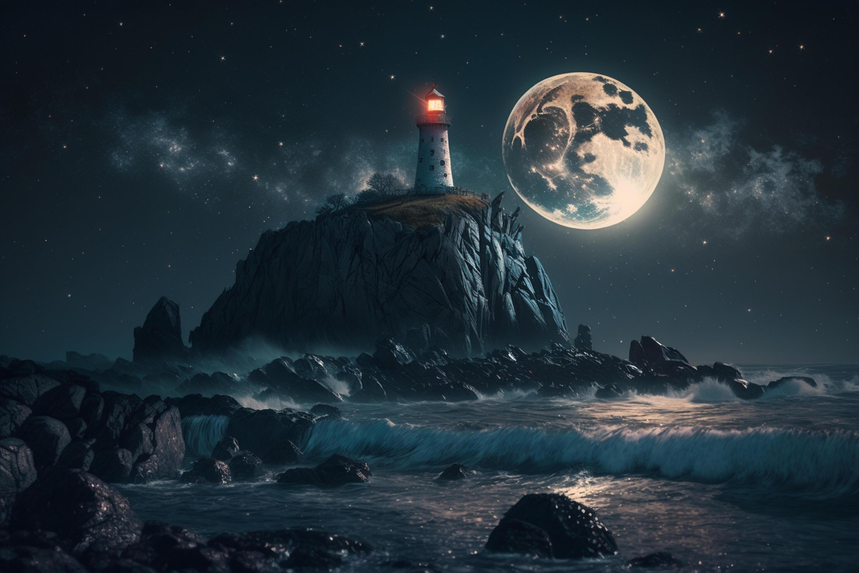 Lighthouses At Night And Moon