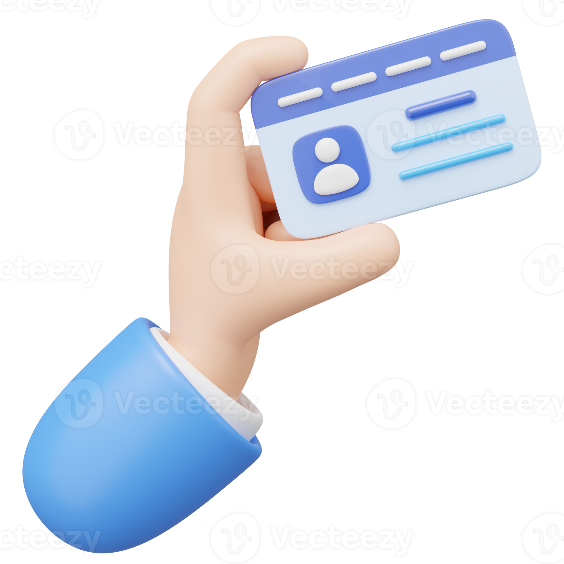 3D Hand holding Id card and floating isolated on transparent. Approve identity verification card ...