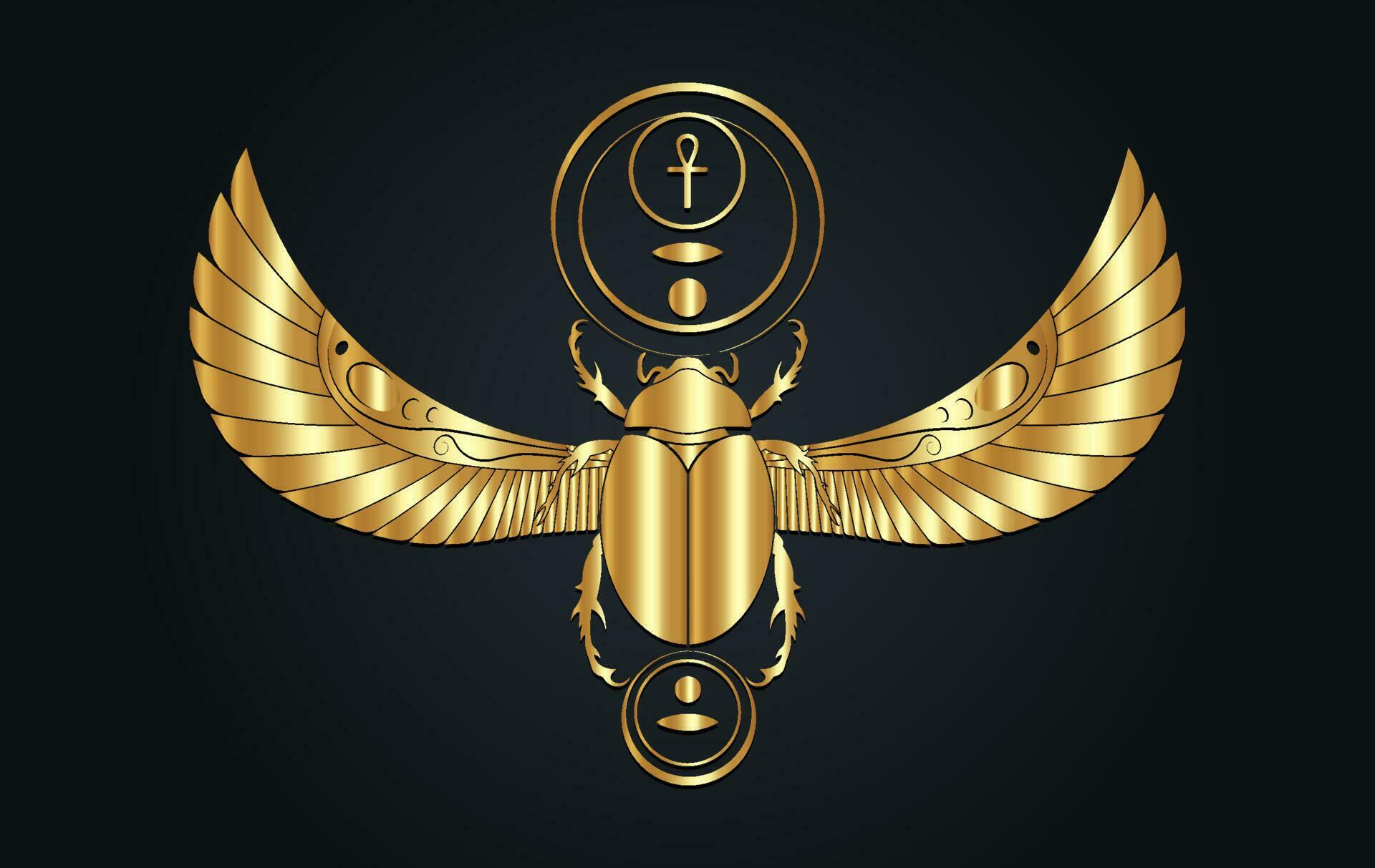 Gold egyptian sacred Scarab wall art design. Beetle with wings. Vector illustration golden logo ...