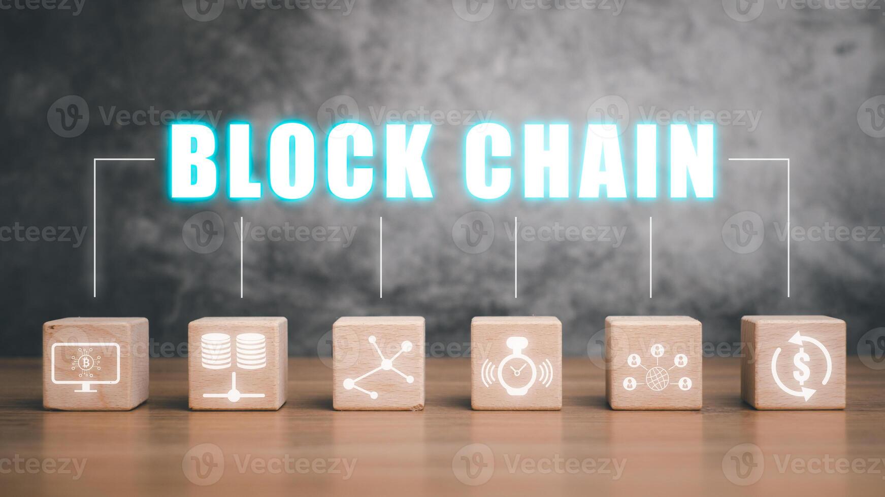 Blockchain technology concept, Wooden block on wooden desk with blockchain icon on vr screen ...