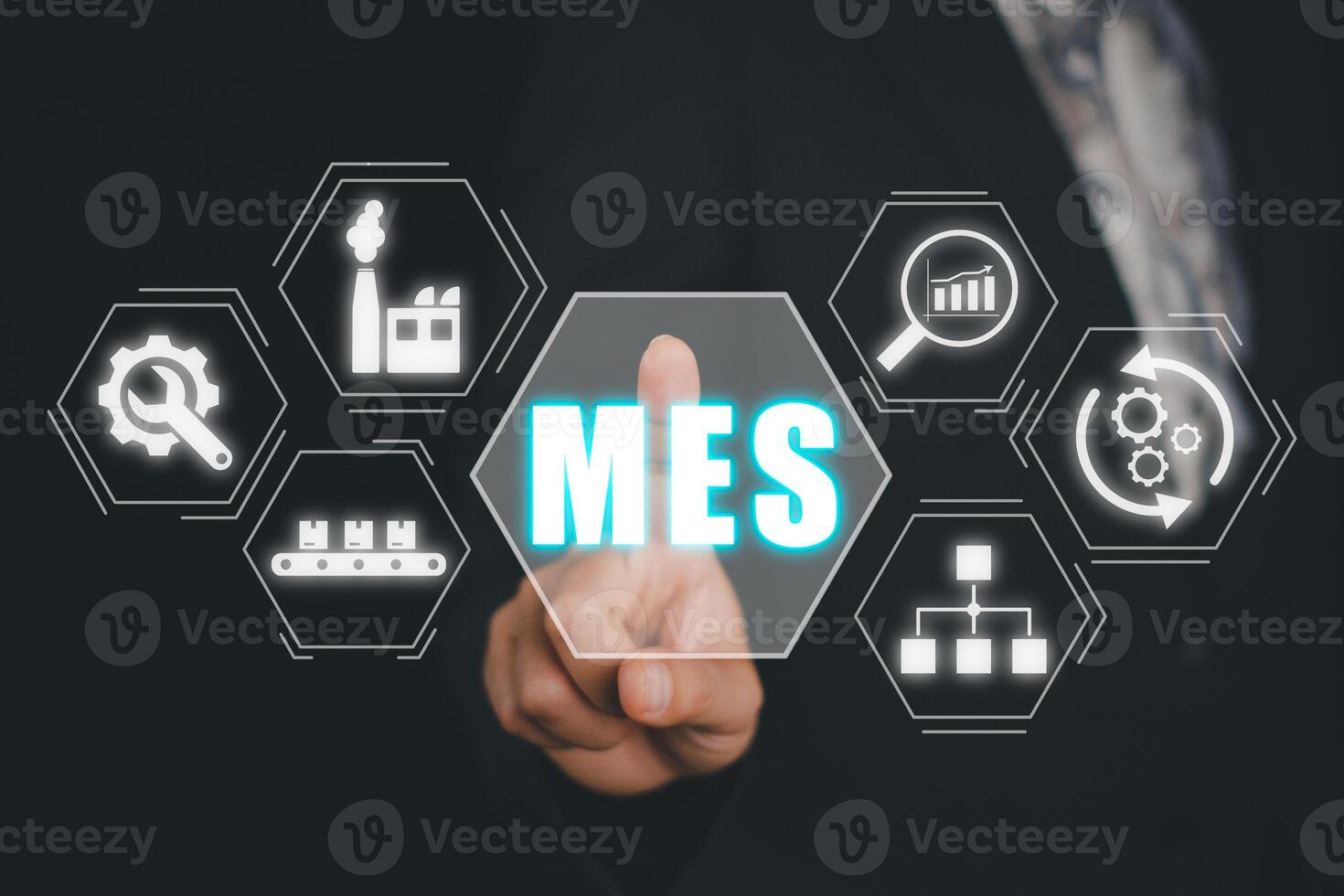 MES - Manufacturing Execution System concept, Businessman hand touching ... MES - Manufacturing Execution System concept, Businessman hand touching ...