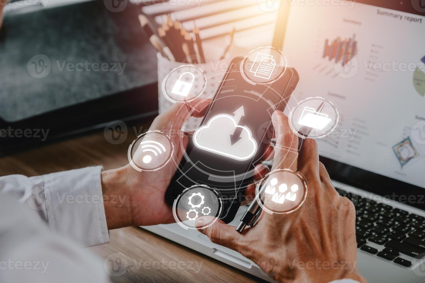 Man hand using smart phone with cloud computing icon, Cloud computing concept, Backup Storage ...