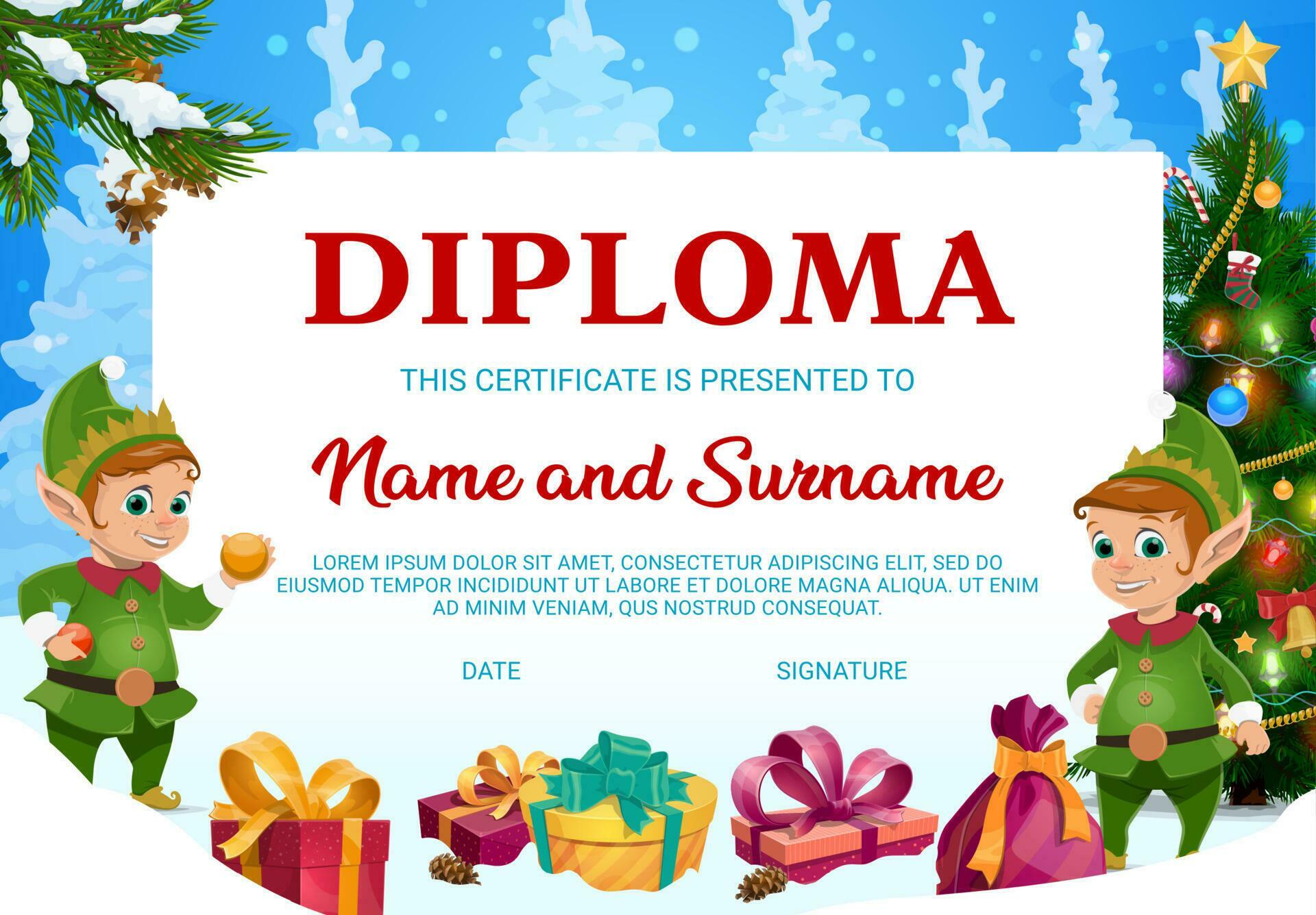 Kids diploma christmas gift certificate with elves 24081745 Vector Art ...