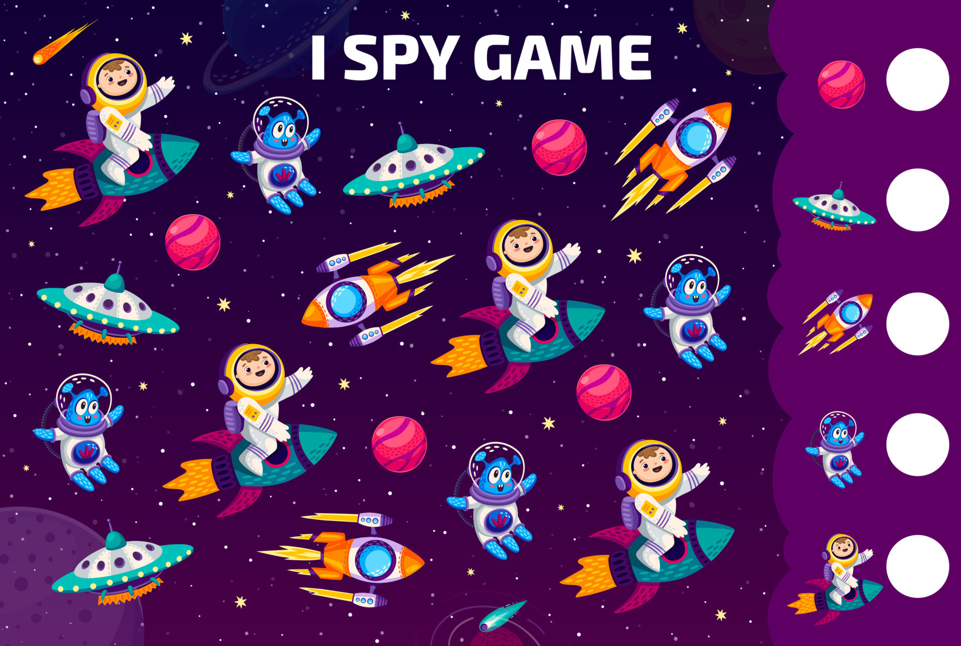 I spy game worksheet with cartoon kids astronauts 24082563 Vector Art at Vecteezy