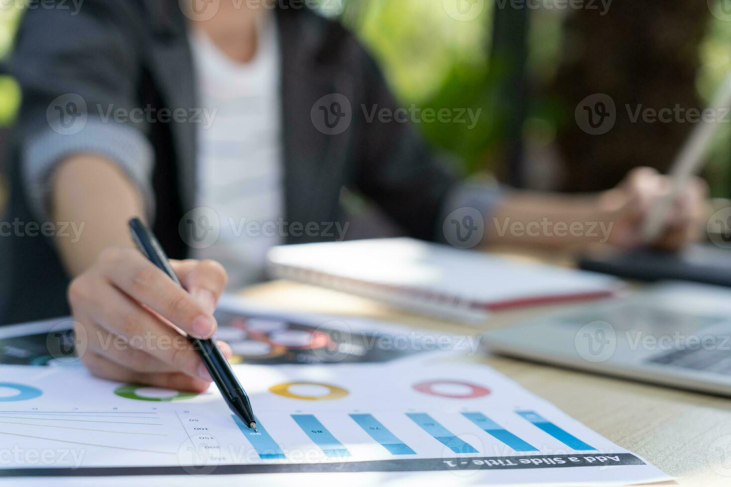 Business women calculate benefit, spreadsheets, graph financial ... Business women calculate benefit, spreadsheets, graph financial ...