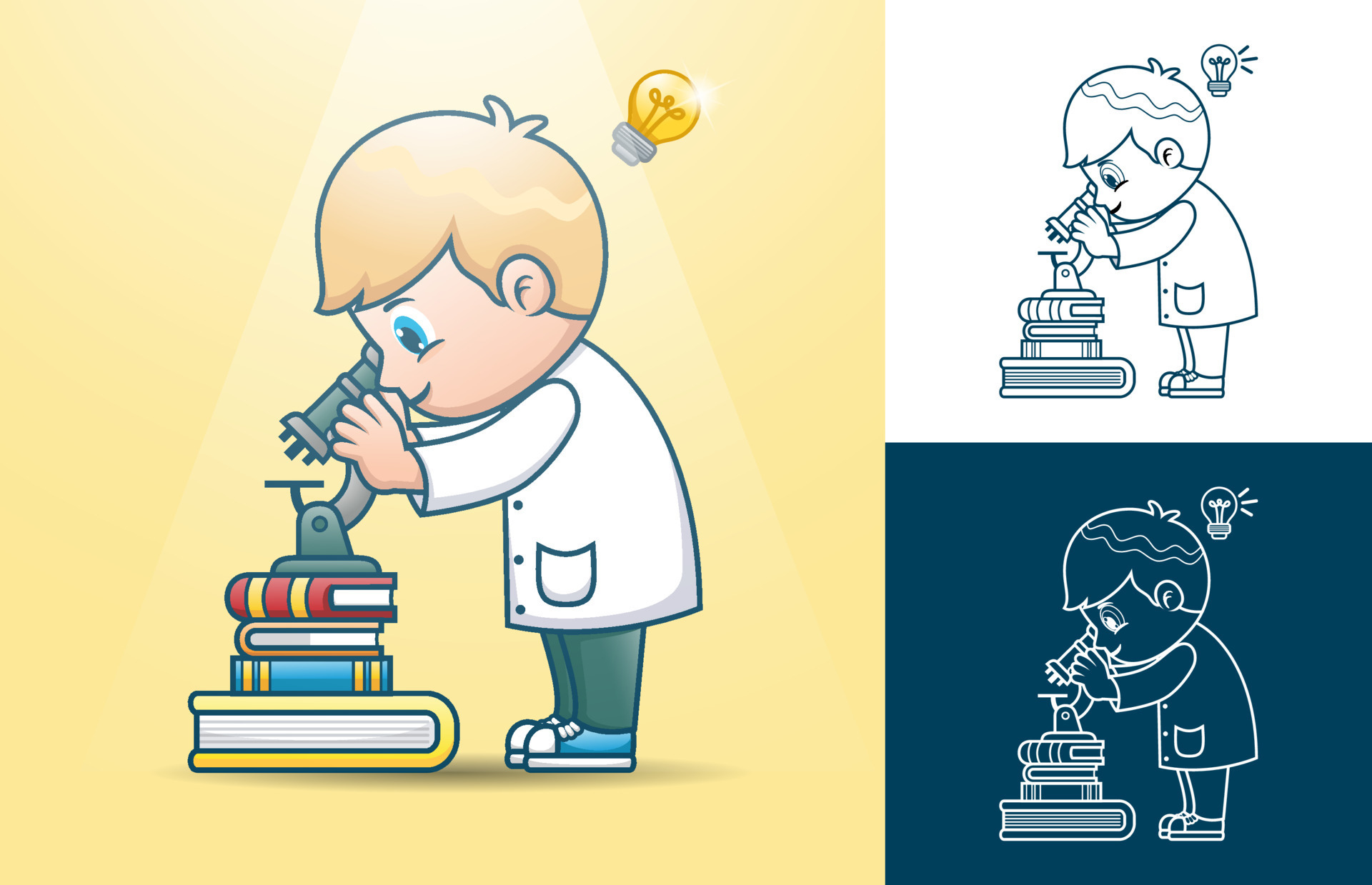 Little scientist cartoon looking through a microscope on books stack ...