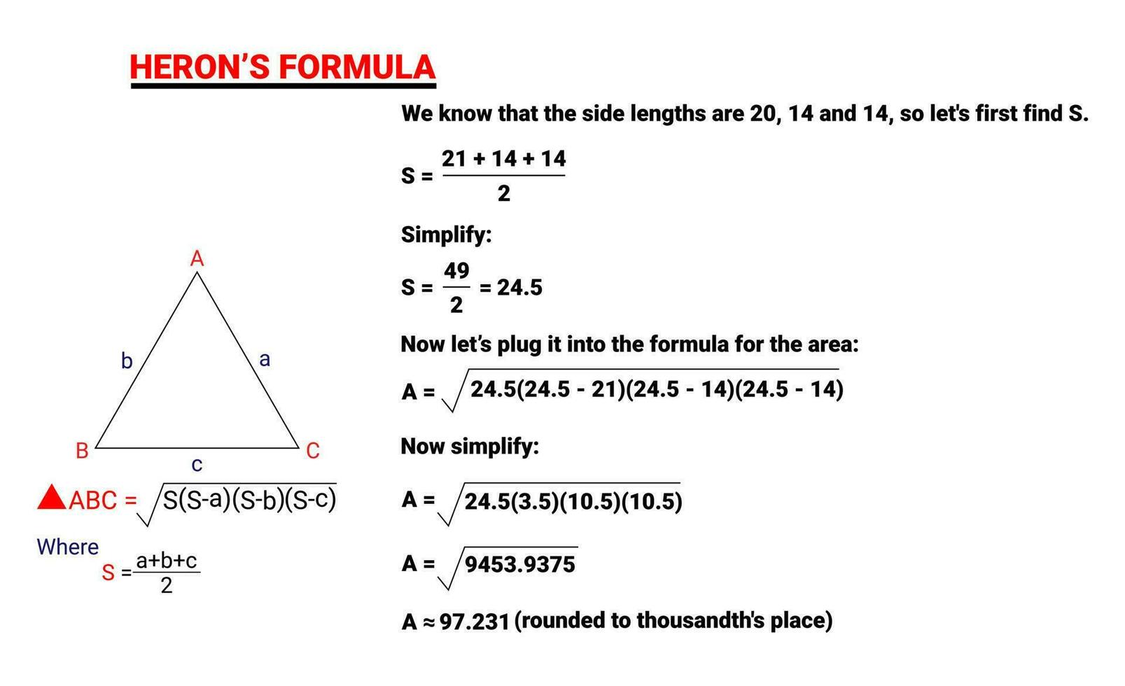 Heron's formula to find the area of a triangle on isolated background ...