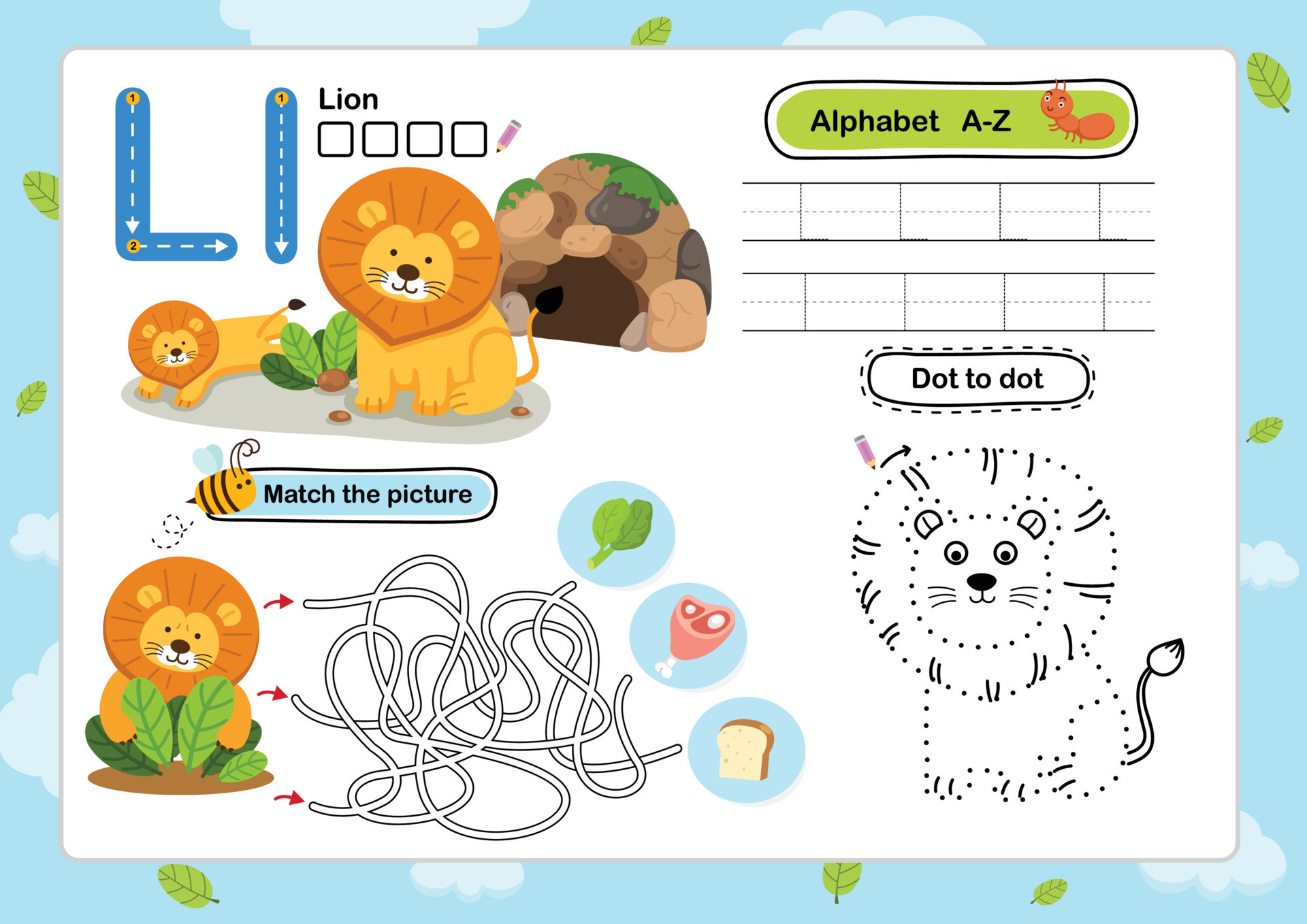 Alphabet Letter L-Lion exercise with cartoon vocabulary illustration ...