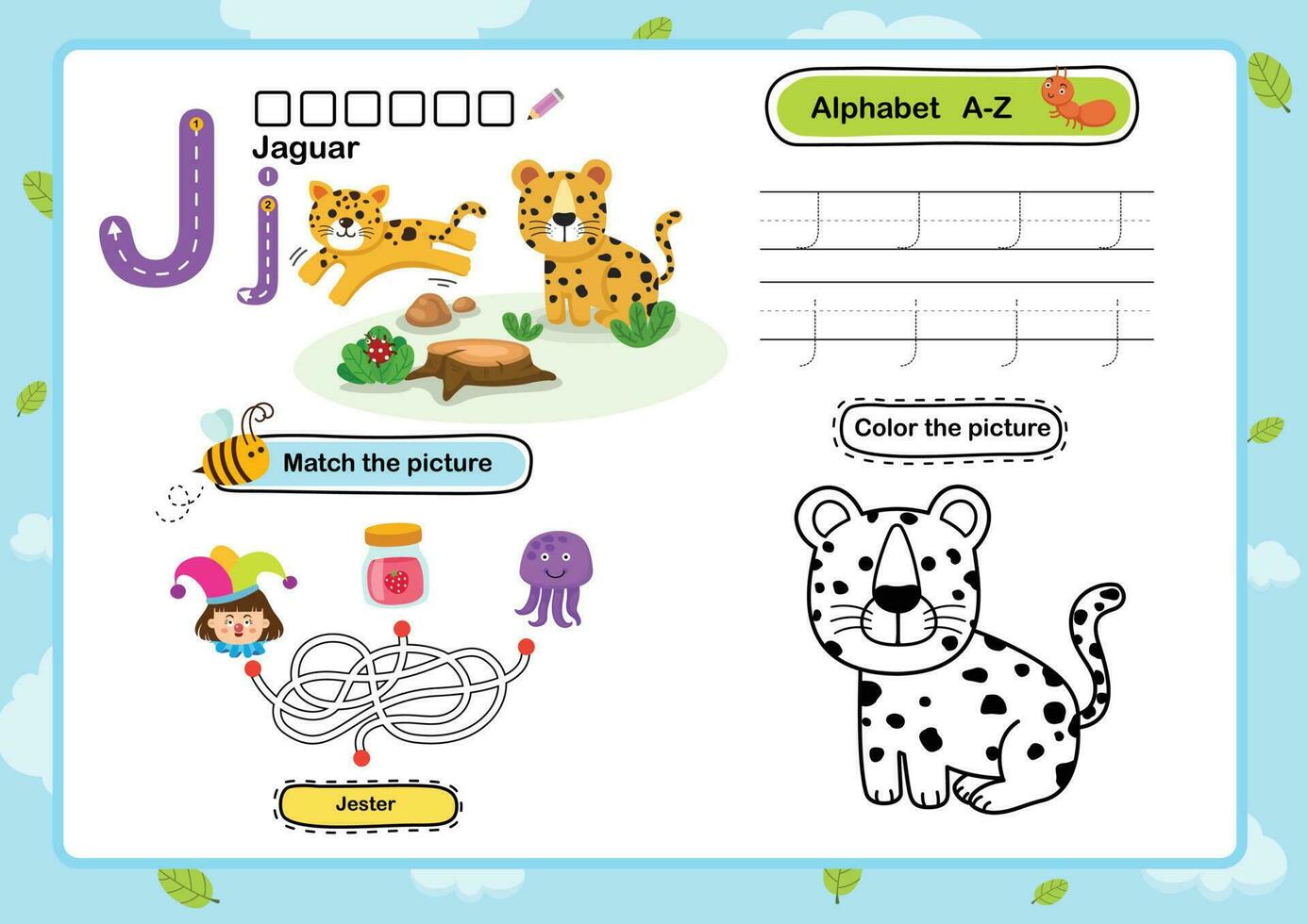 Alphabet Letter J-Jaguar exercise with cartoon vocabulary illustration ...