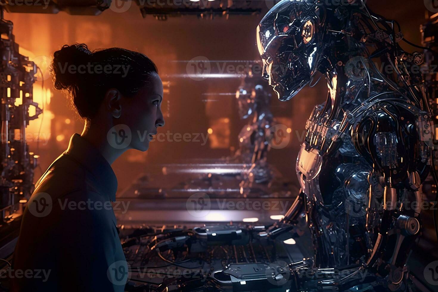 Female programmers working in modern labs with futuristic robotic ...