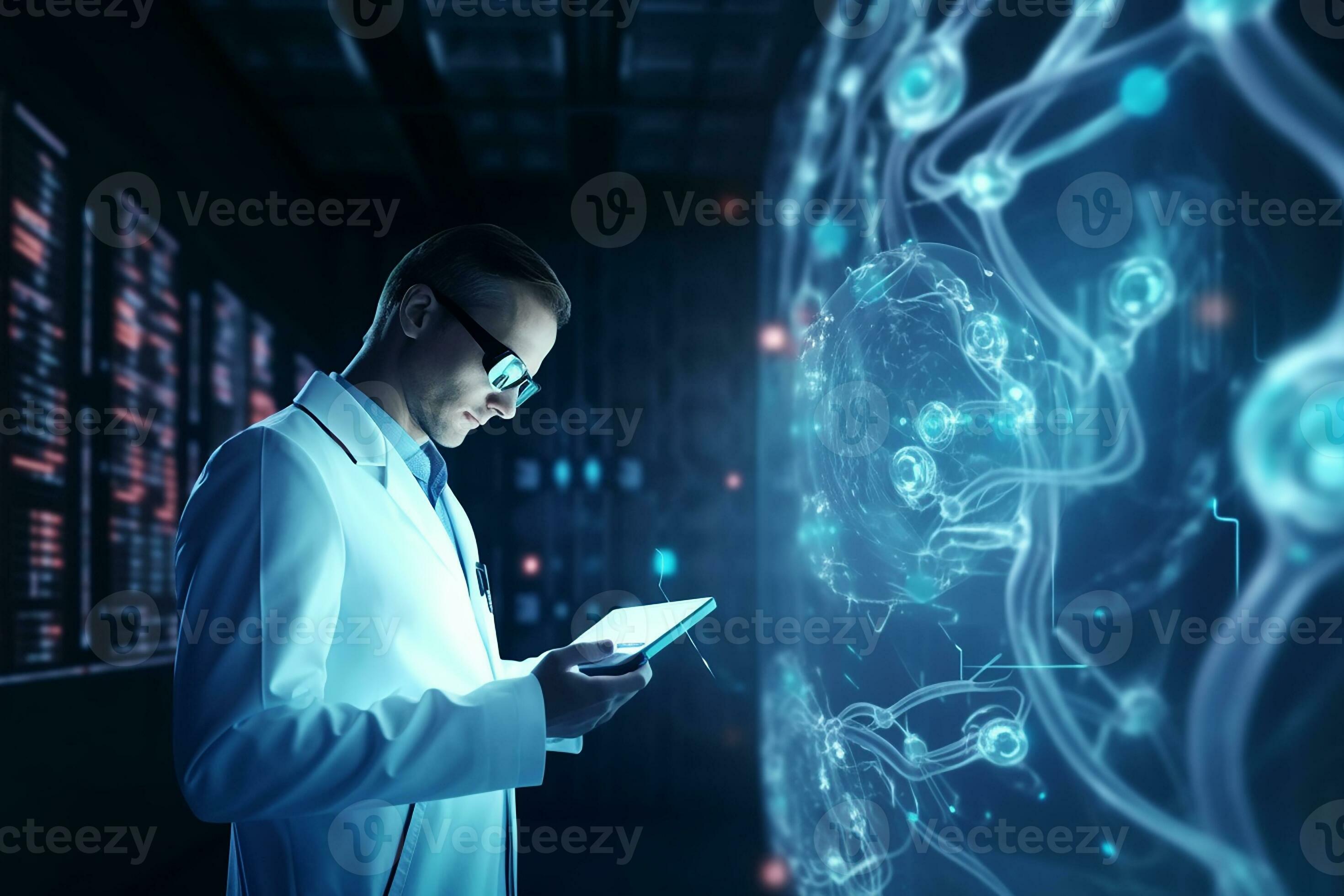 Program developer holding tablet to communicate with artificial ...