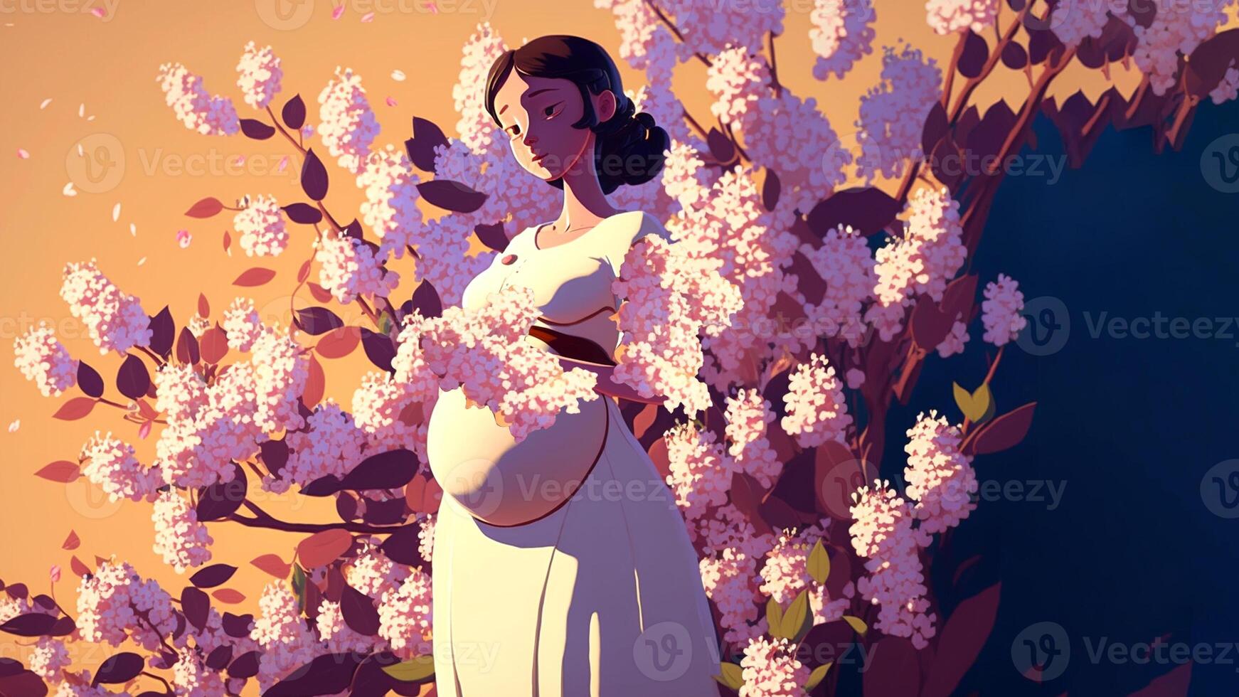 An Intimate Realistic Illustration Showing A Pregnant Woman And Surrounded By Beautiful Flowers