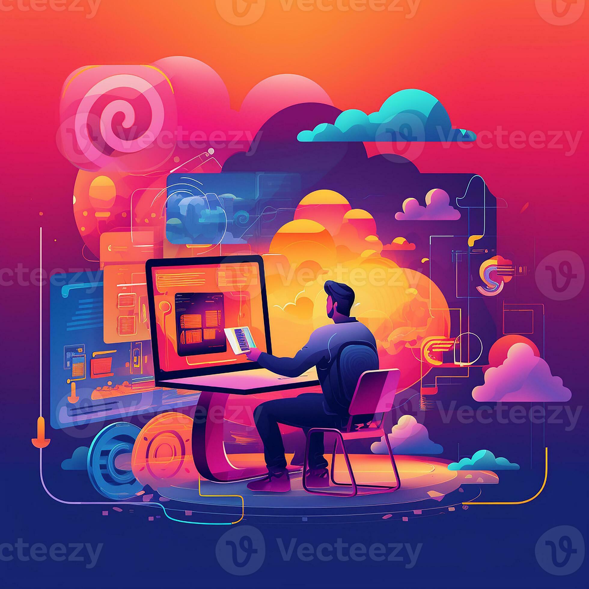 Illustration Of Software Development 3d Web Programming Art Programmer Sitting With Laptop 0538