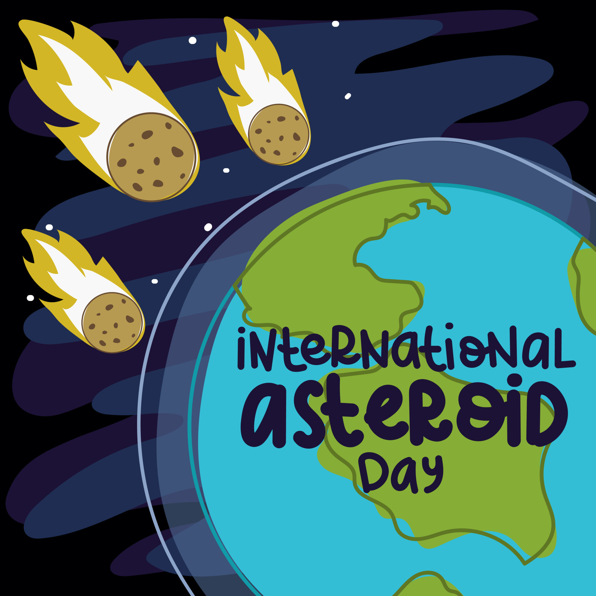Vector illustration for international asteroid day. Asteroids rushing ...