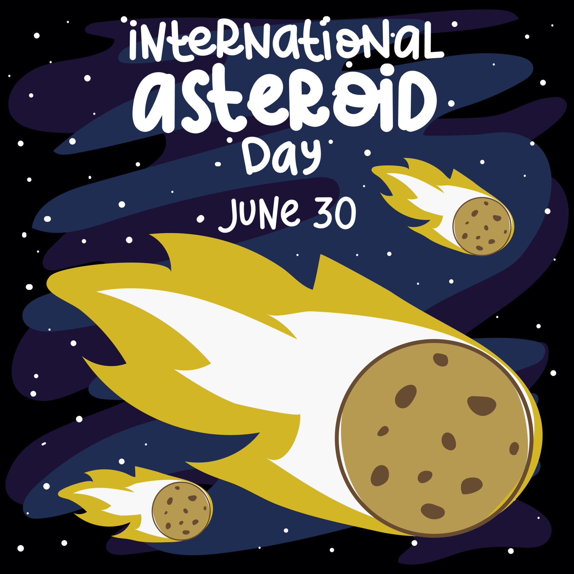 Vector illustration for international asteroid day. Asteroids rushing ...