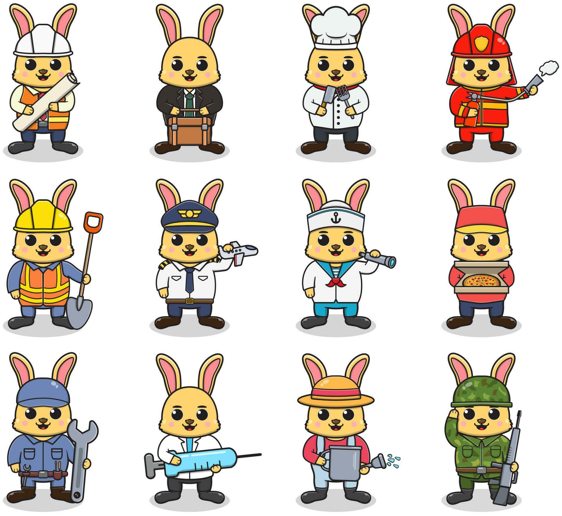 Cartoon Rabbit in professional uniform. Vector set of Rabbit different professions. Vector ...