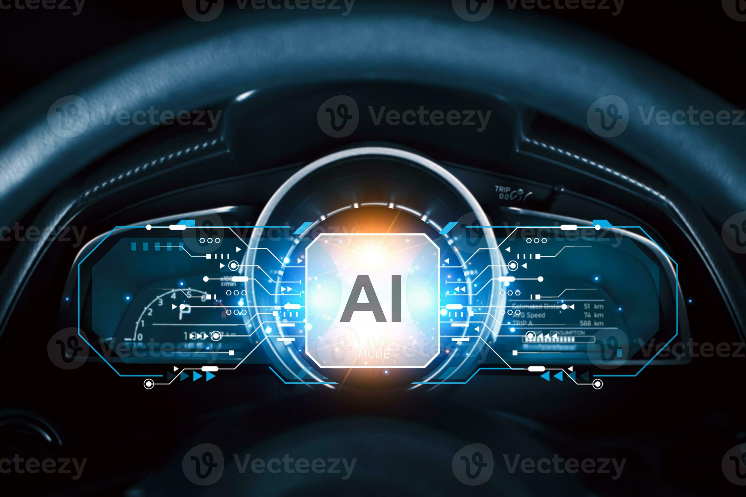 Close up of car steering wheel with AI interface. Artificial intelligence concept, Futuristic ...