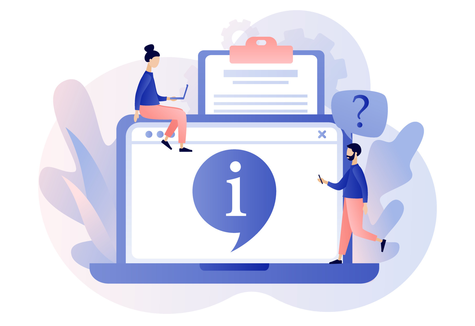 Info symbol on laptop web site. Information center online. Customer support, useful information ...