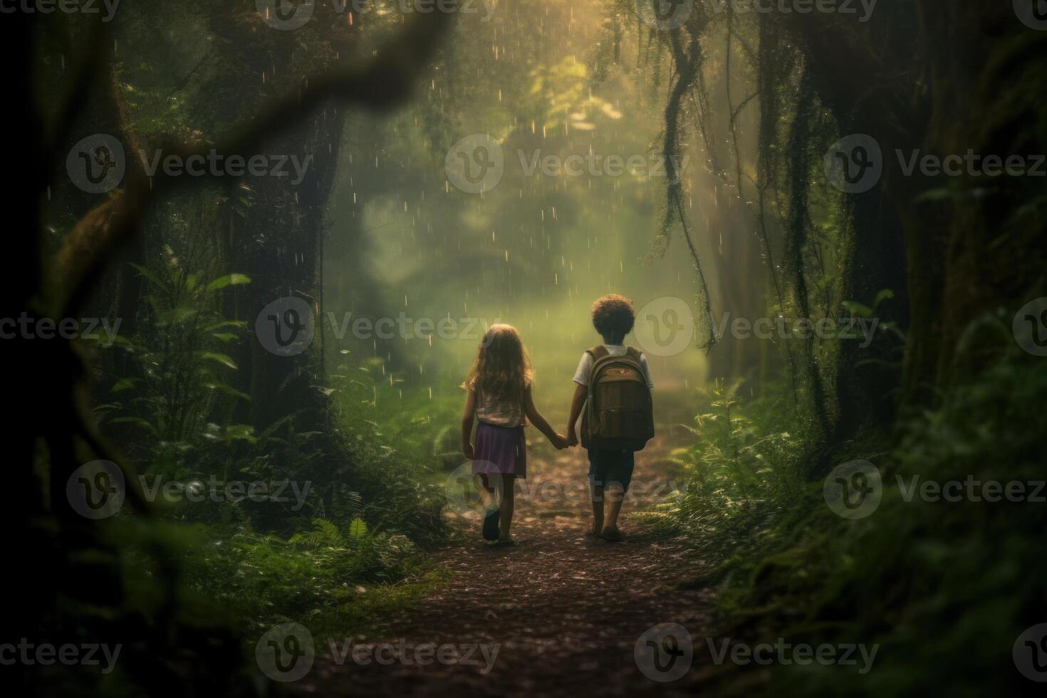 two kids Feeling the magical atmosphere as they enter forest background ...