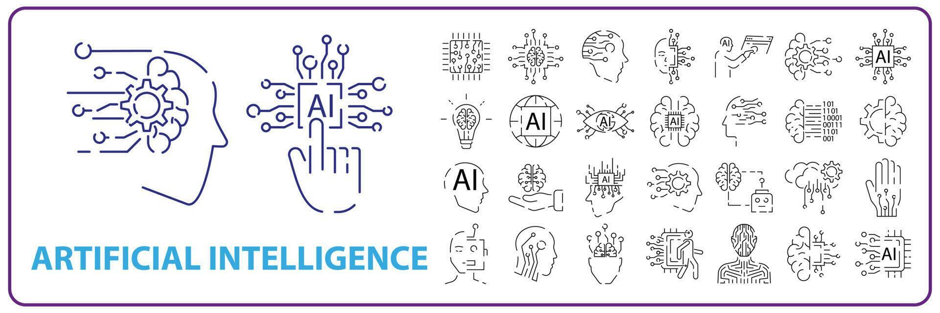 artificial intelligence icon set in line style, machine learning, smart robotic and cloud ...
