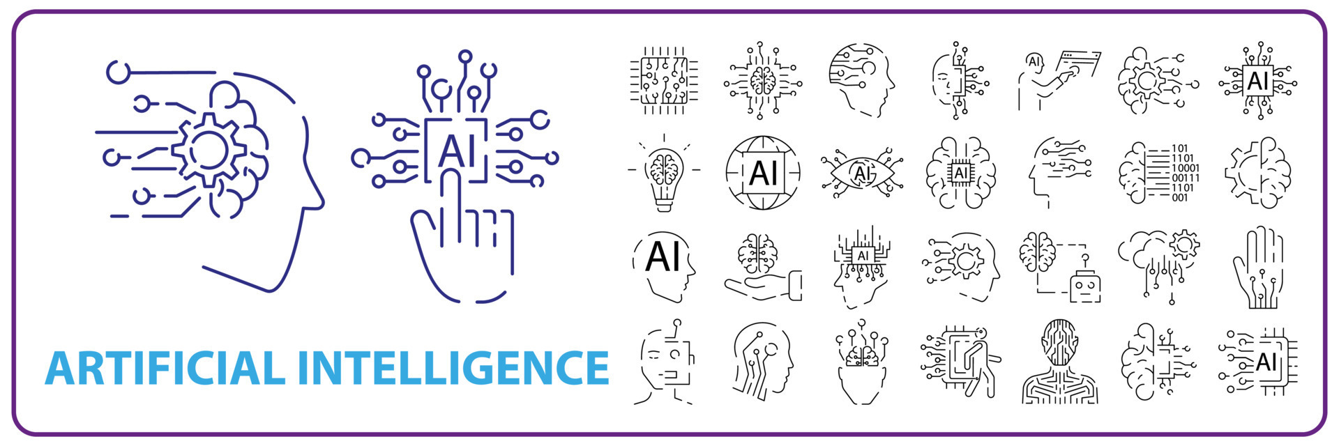 artificial intelligence icon set in line style, machine learning, smart ...
