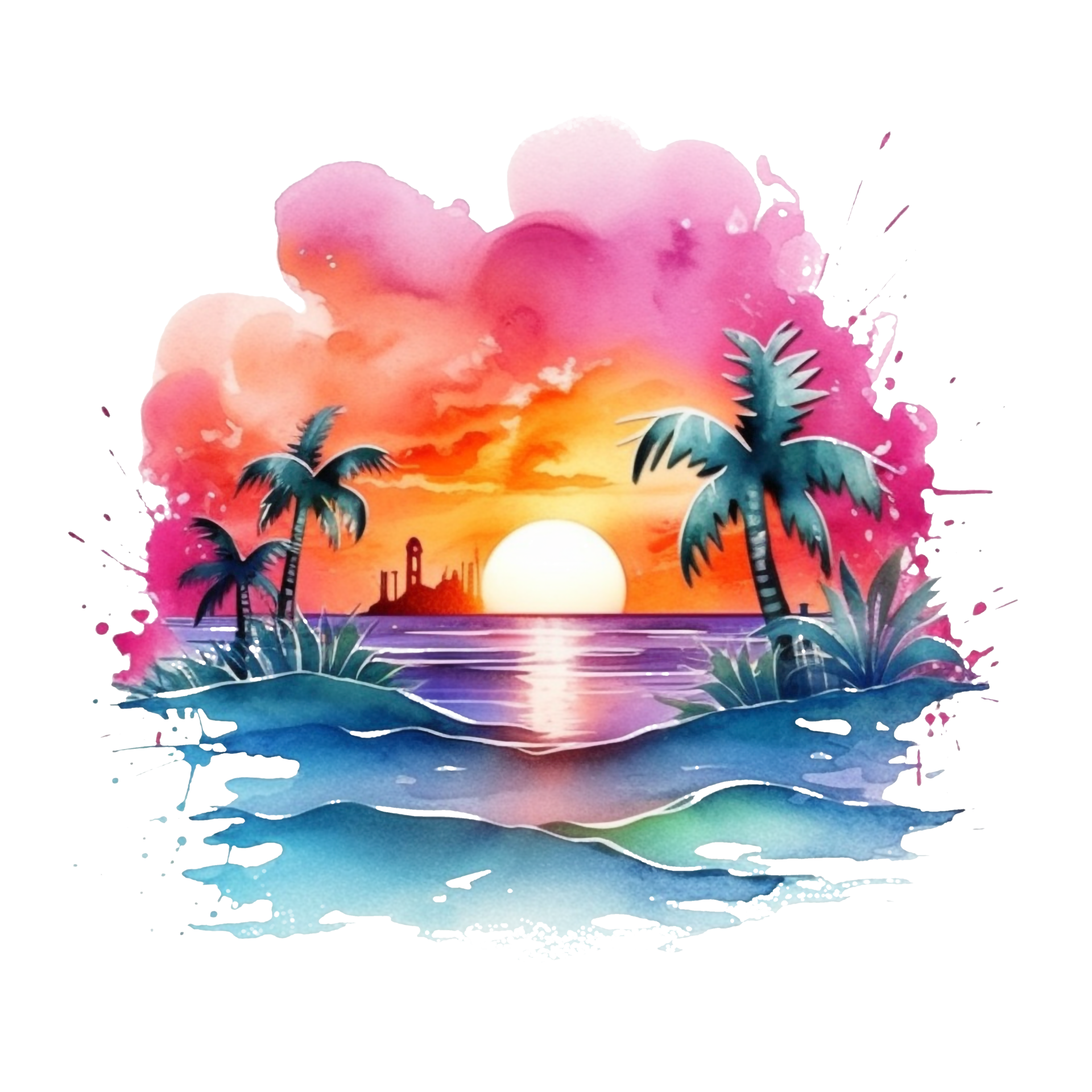 Colorful Watercolor Beach Sunset Sublimation For T Shirt Design