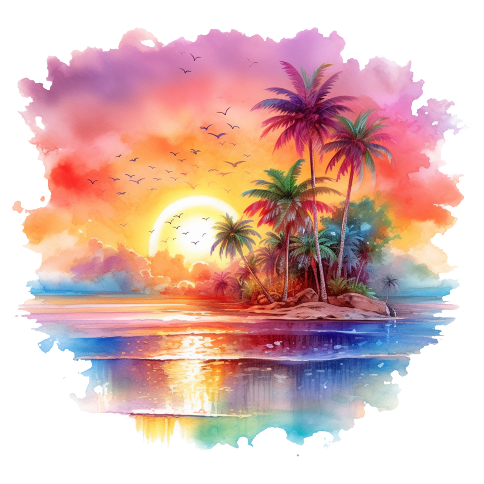 Colourful Watercolor Beach Sunset Sublimation For T Shirt Design