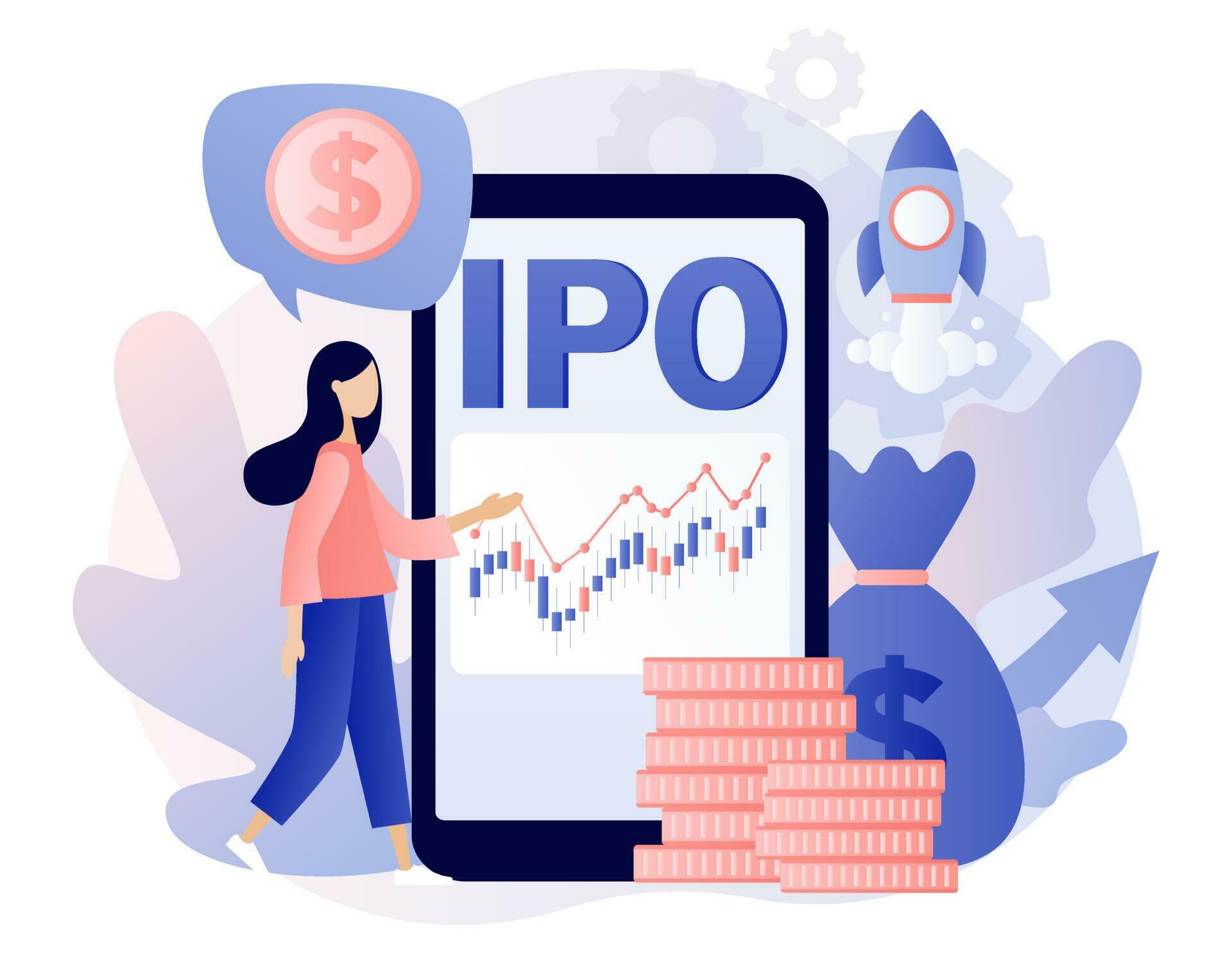 IPO concept. Initial public offering. Tiny woman investor ivest stock market shares via ...