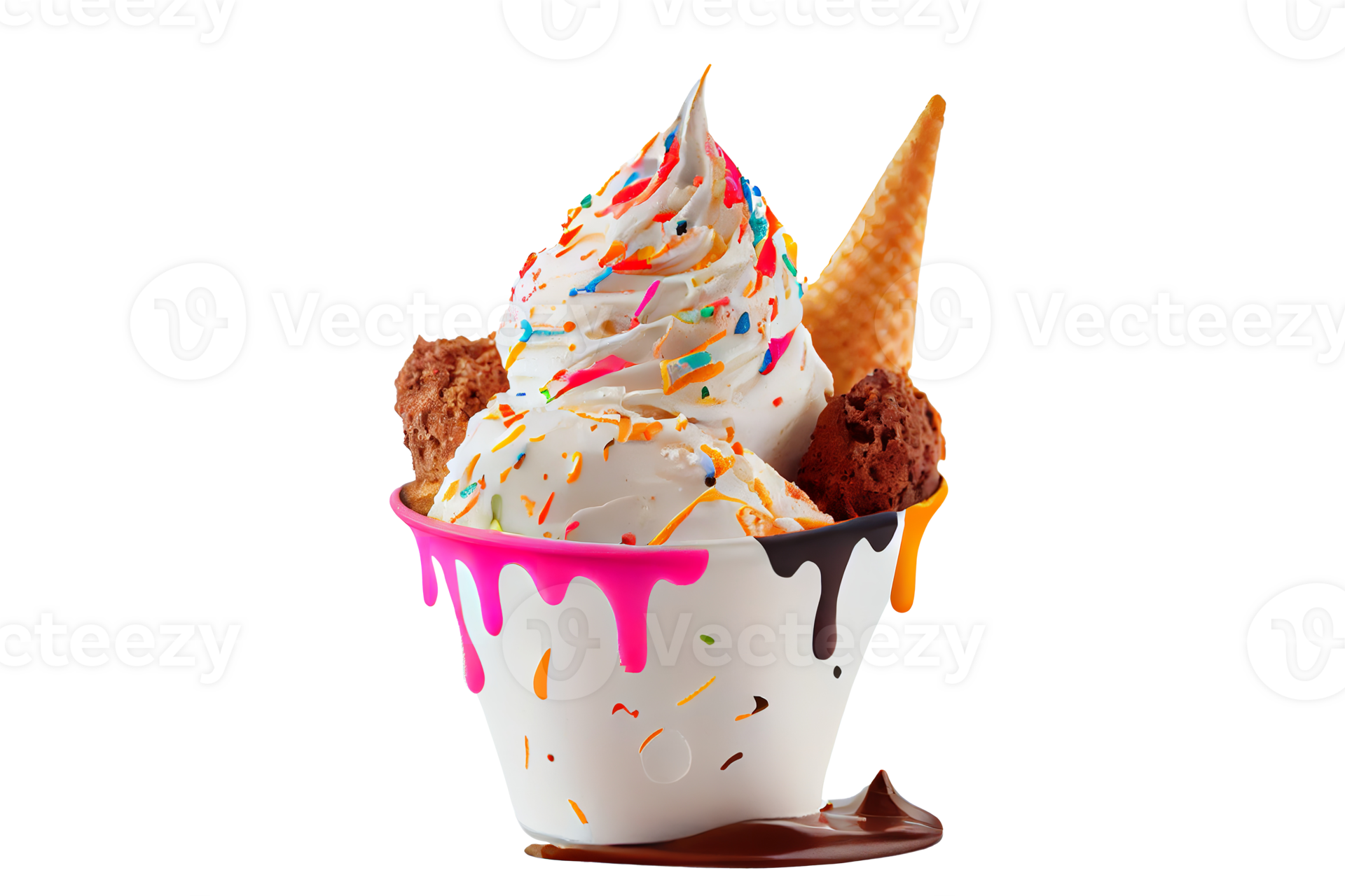 Tasty colorful ice cream cup with syrups and fruits on transparent background 24106559 PNG