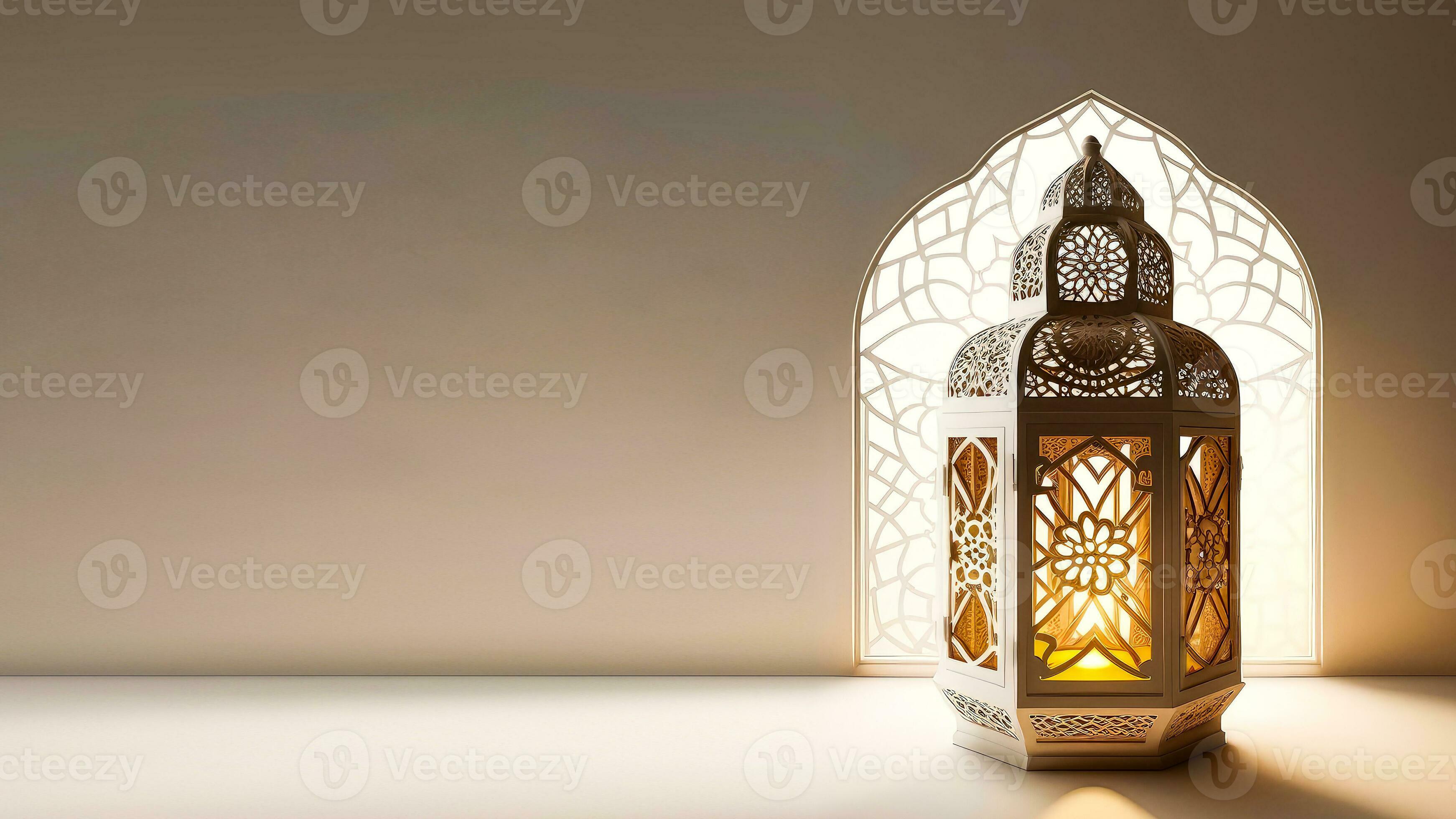 Realistic Illuminated Arabic Lantern On Islamic Window Background ...