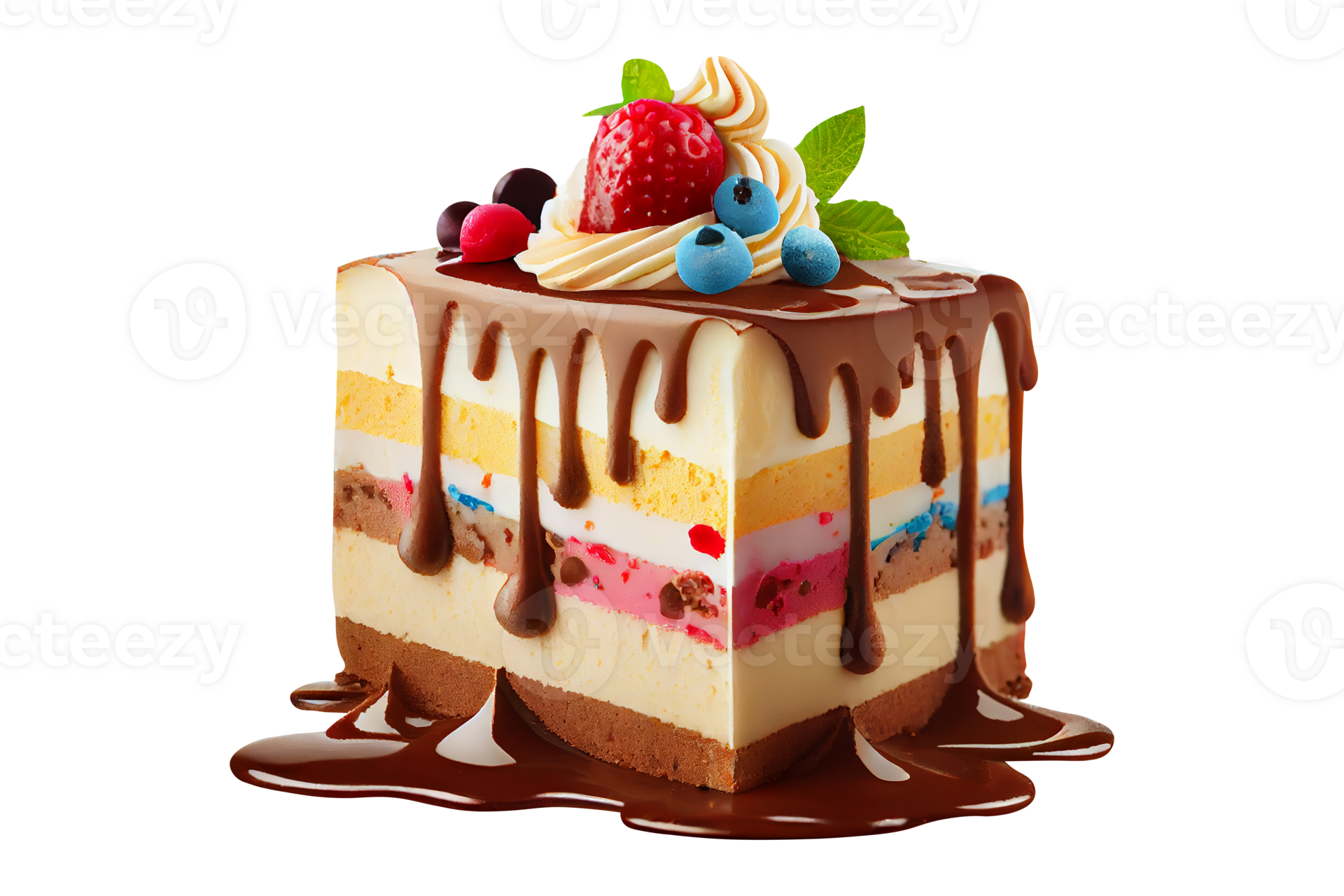 Fresh Sweet Ice Cream Cake With Chocolate Syrup And Berries On fresh-sweet-ice-cream-cake-with-chocolate-syrup-and-berries-on