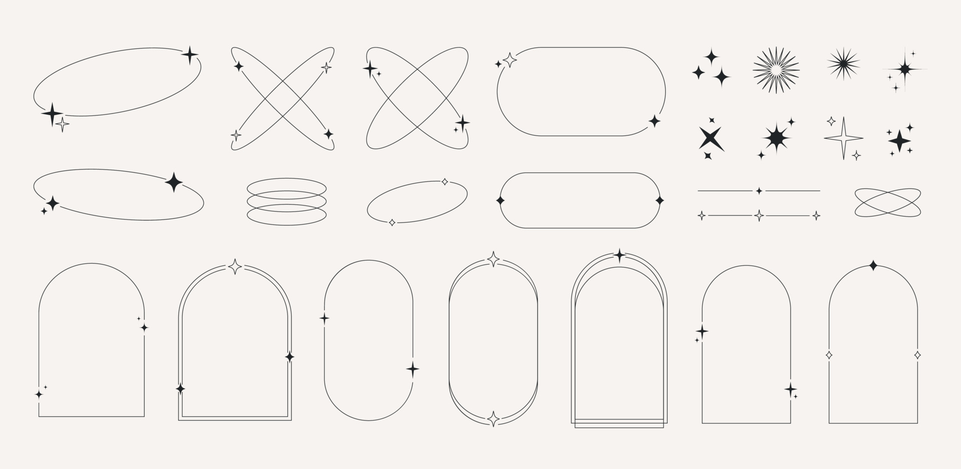 Modern minimalist aesthetic line elements, trendy linear frames with stars, arch frames ...