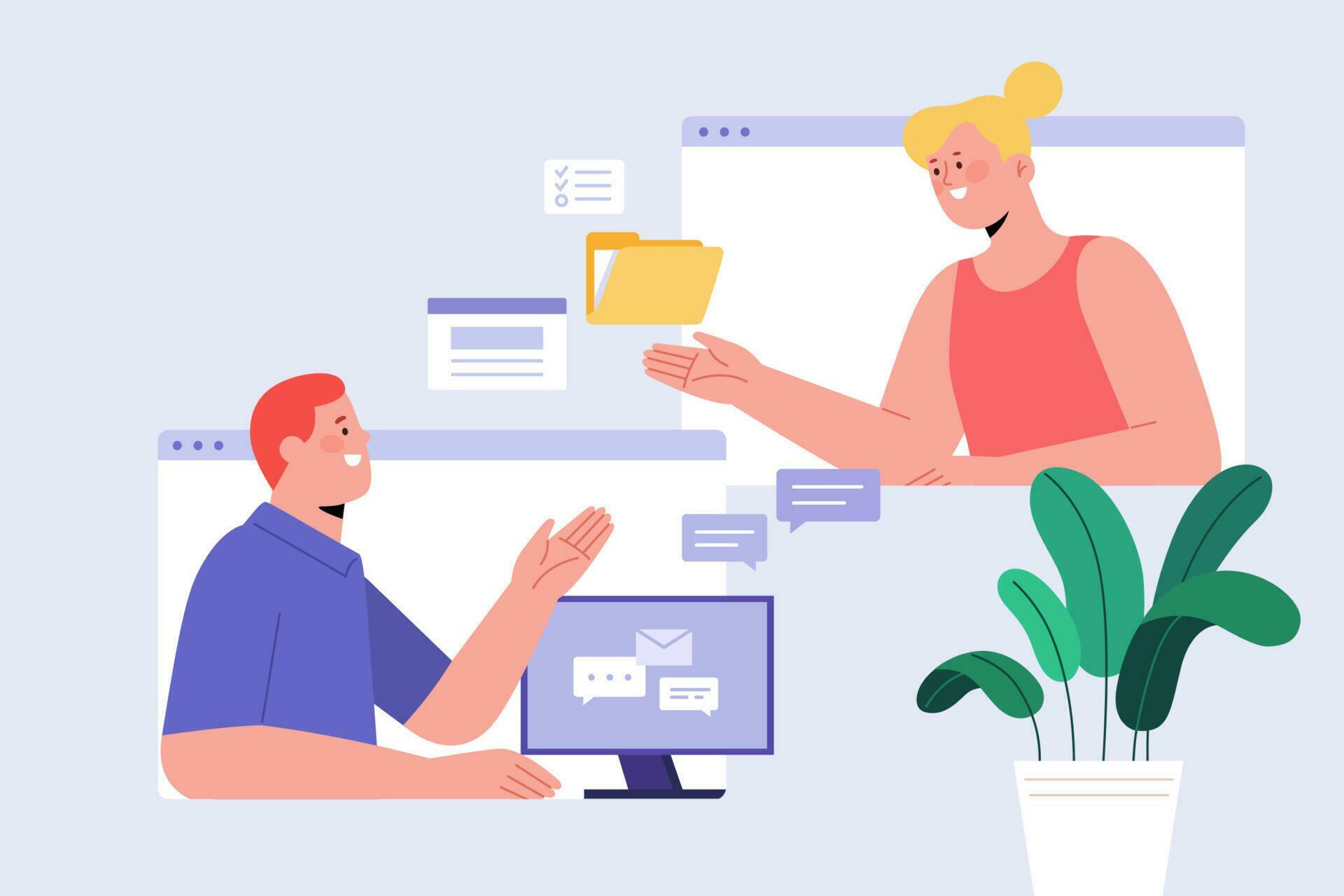 Flat illustration of woman sending files to the man. Concept of ...