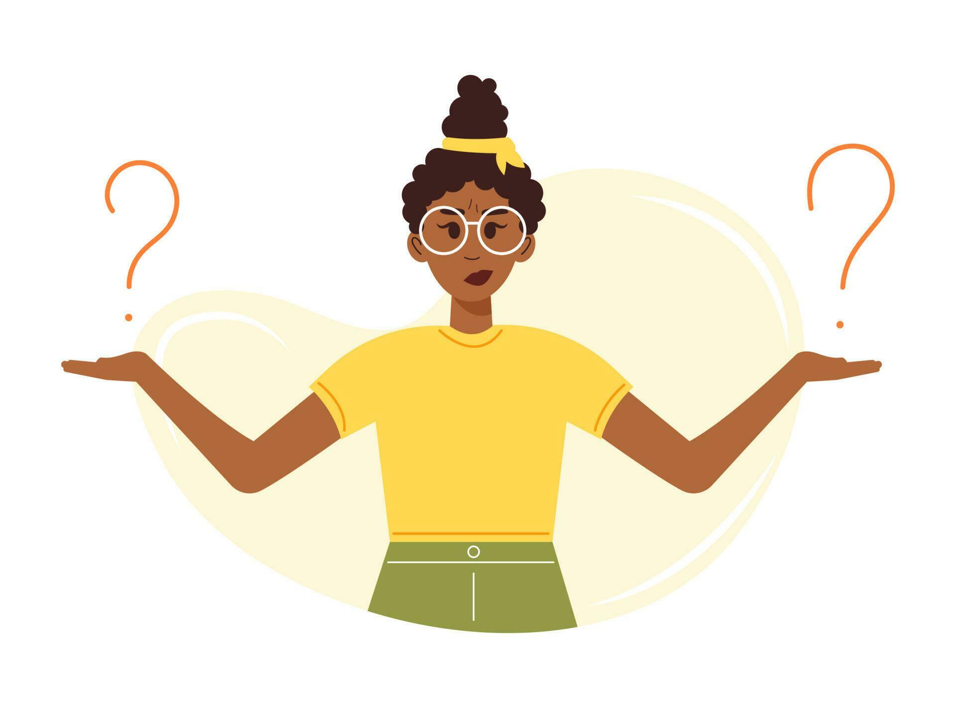 Young black woman thinking and making choice. Girl in glasses solving problem, making decision ...