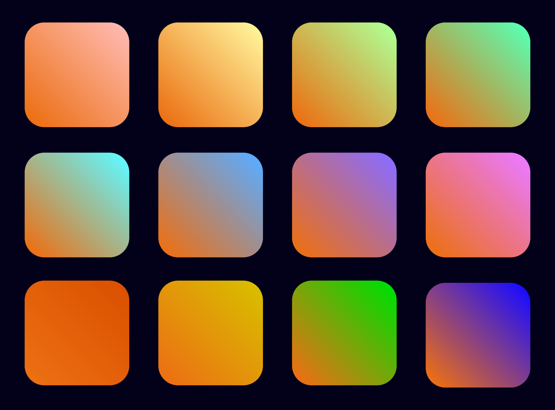 Colorful Orange Color Shade Linear Gradient Palette Swatches Web Kit Rounded Squares Template