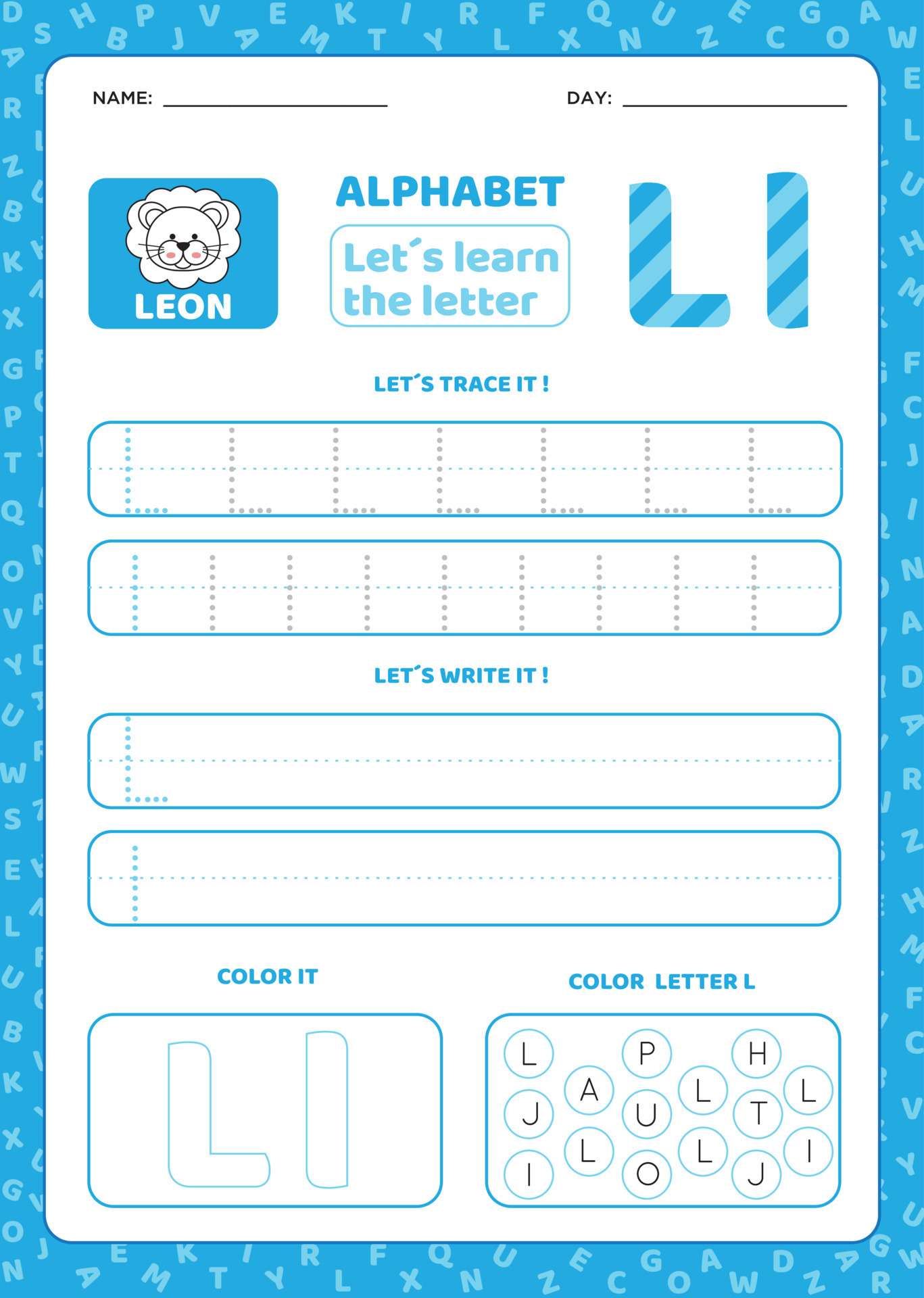 Writing practice letter L. Alphabet worksheets Free Vector 24119287 ...