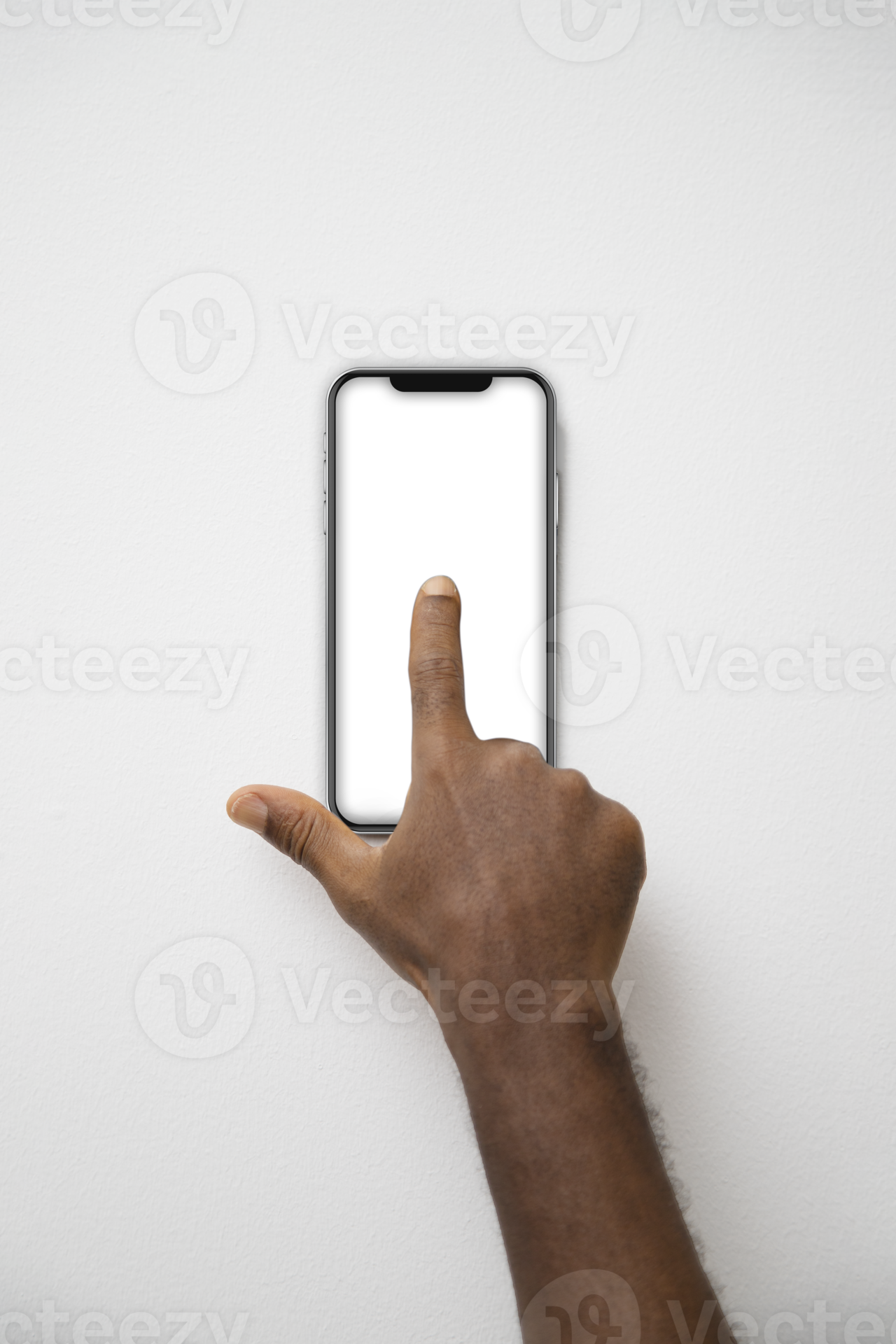 index finger touching phone screen with transparent screen. blank screen, phone screen mockup ...
