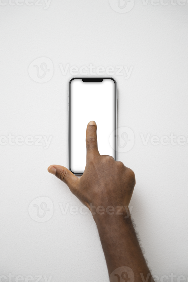 index finger touching phone screen with transparent screen. blank screen, phone screen mockup ...