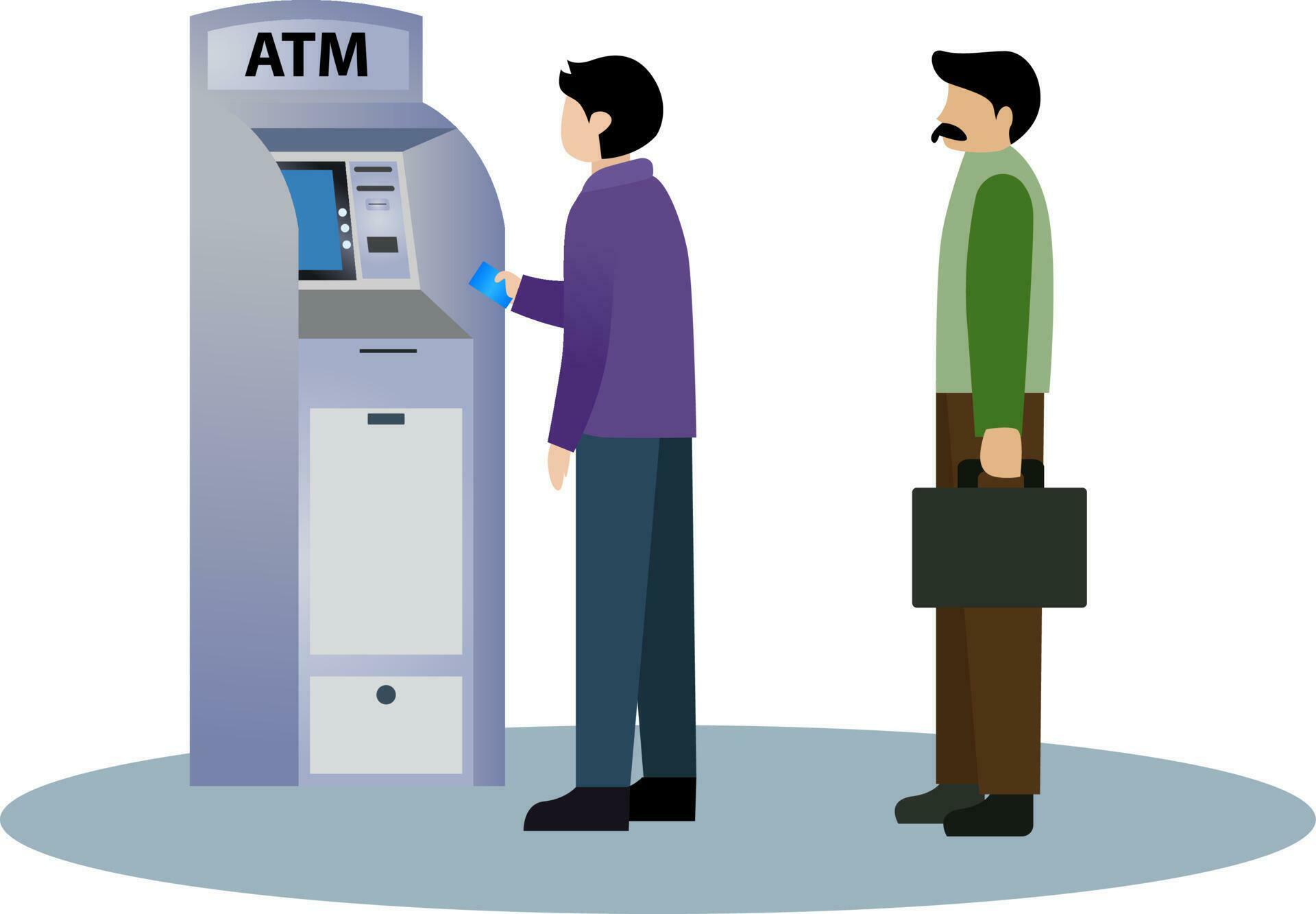 Man customer standing near atm machine vector illustration, Line queue at the ATM, transfering ...