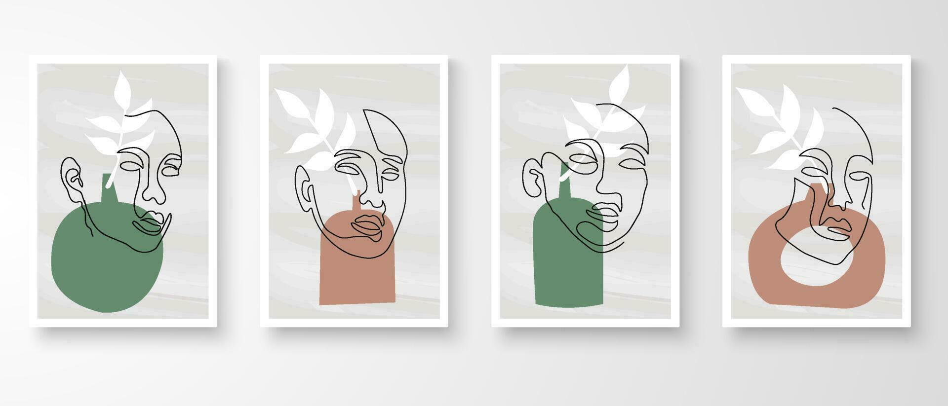 Set of minimal one line wall art in white frames. Foliage line art ...