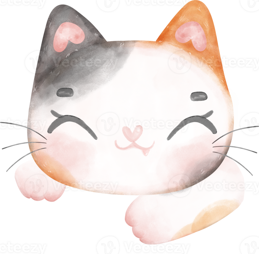Cute Cheerful Calico Kitten Cat Happy Face Cartoon Character Watercolour Hand Drawing 24132642 Png