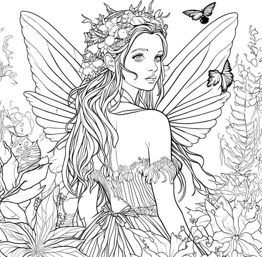 Beautiful Fairy For The Adults Stress Coloring Page Vector Illustration
