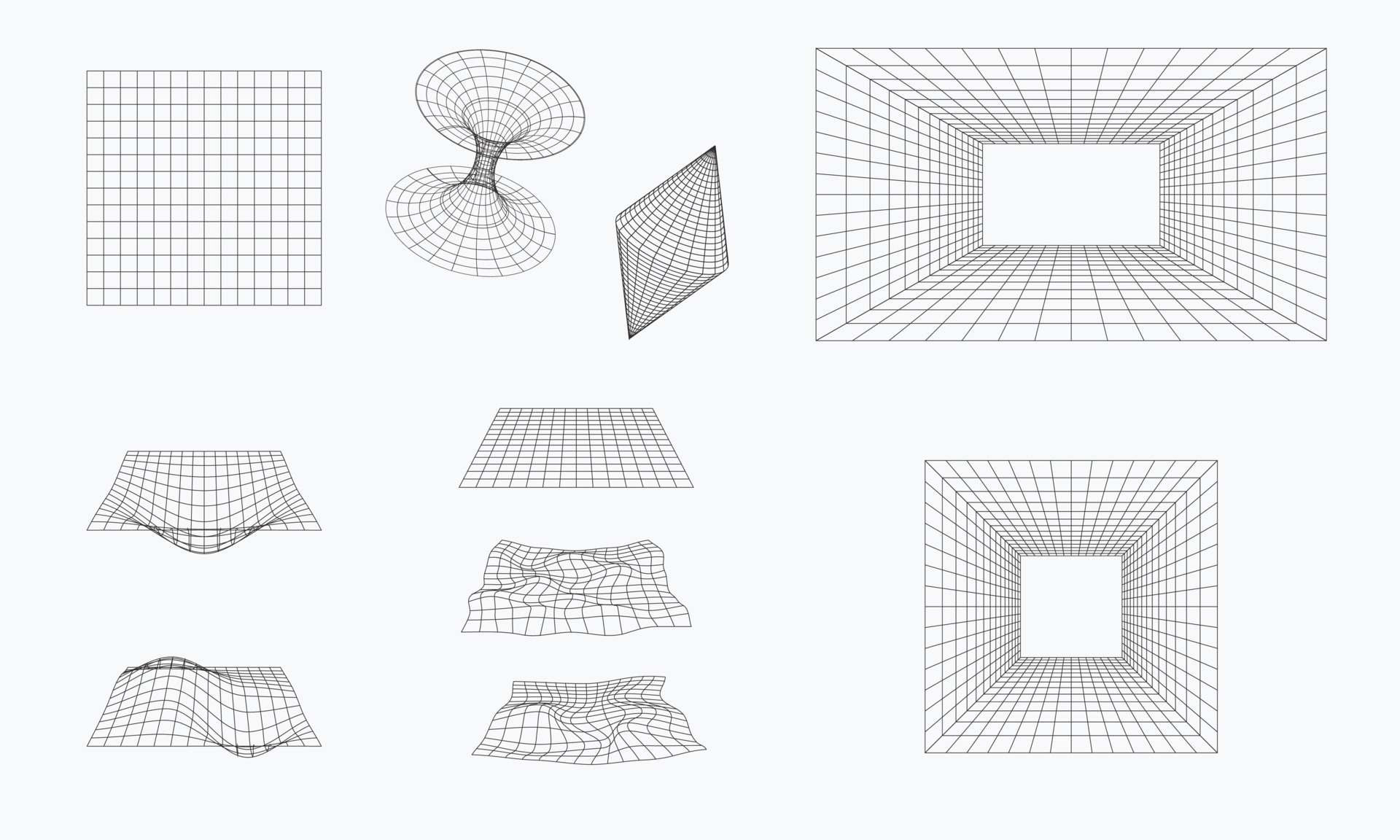 3D geometry wireframe shapes and grids on white background. Retro ...