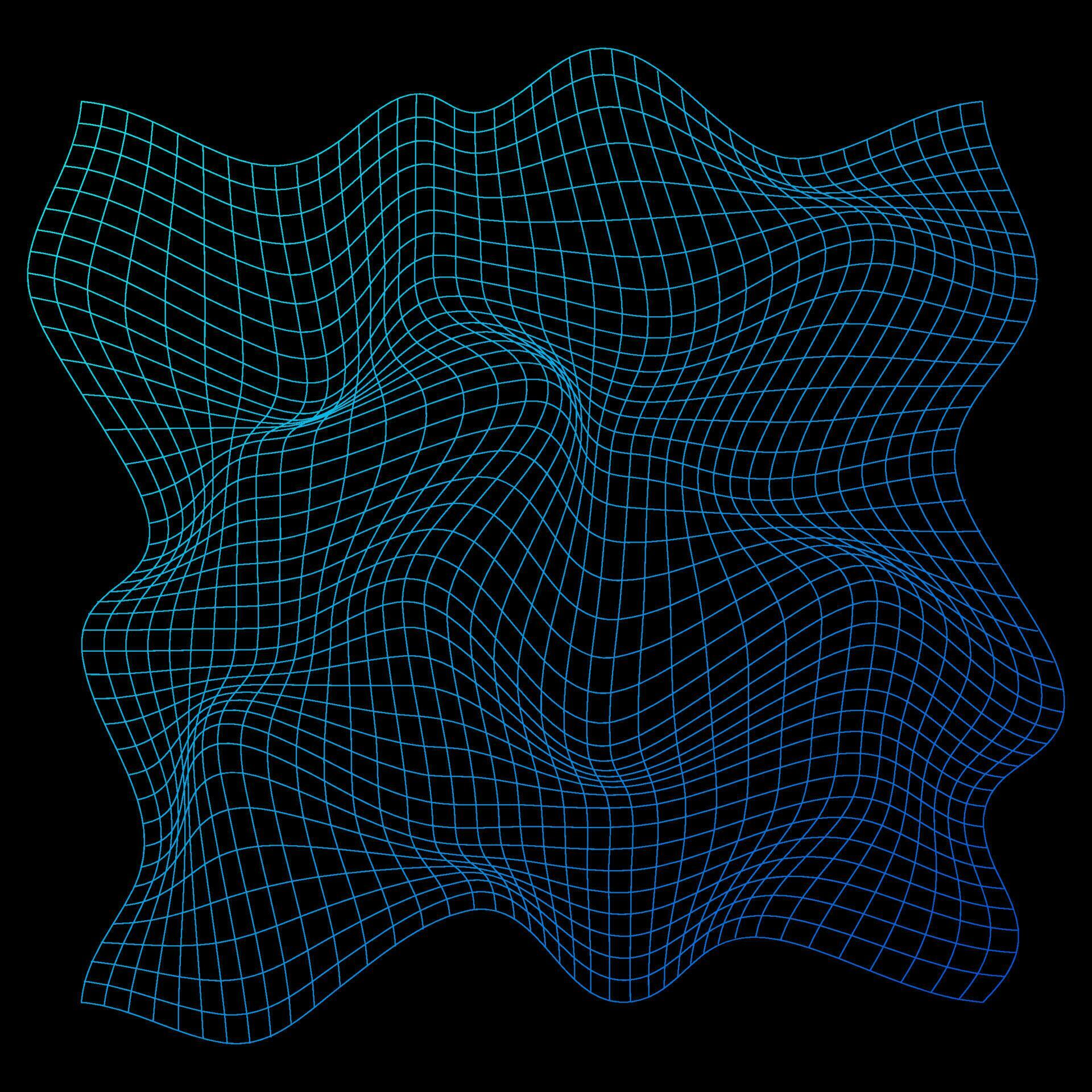 Distorted neon grid pattern. Wireframe wave geometry grid. Warped mesh texture. Curved mesh ...